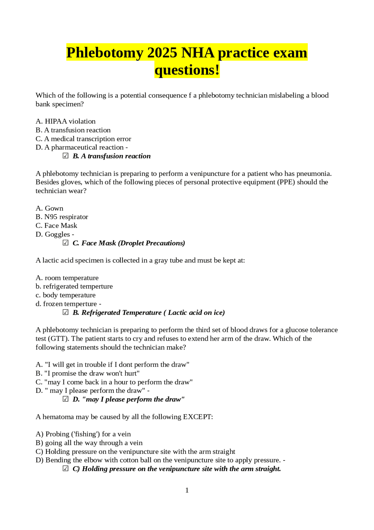 Phlebotomy 2025 NHA practice exam questions | Exams Nursing | Docsity