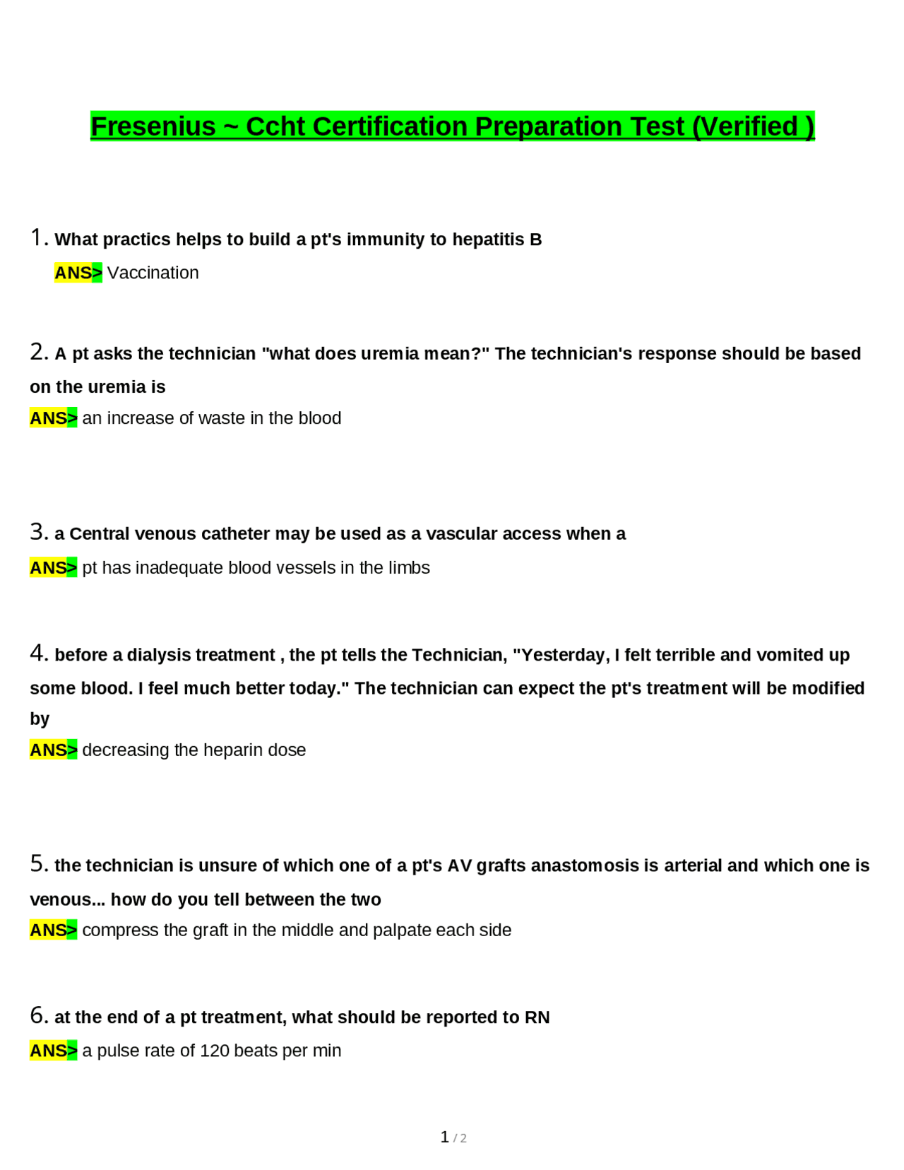 Fresenius ~ Ccht Certification Preparation Test | Exams Nursing | Docsity