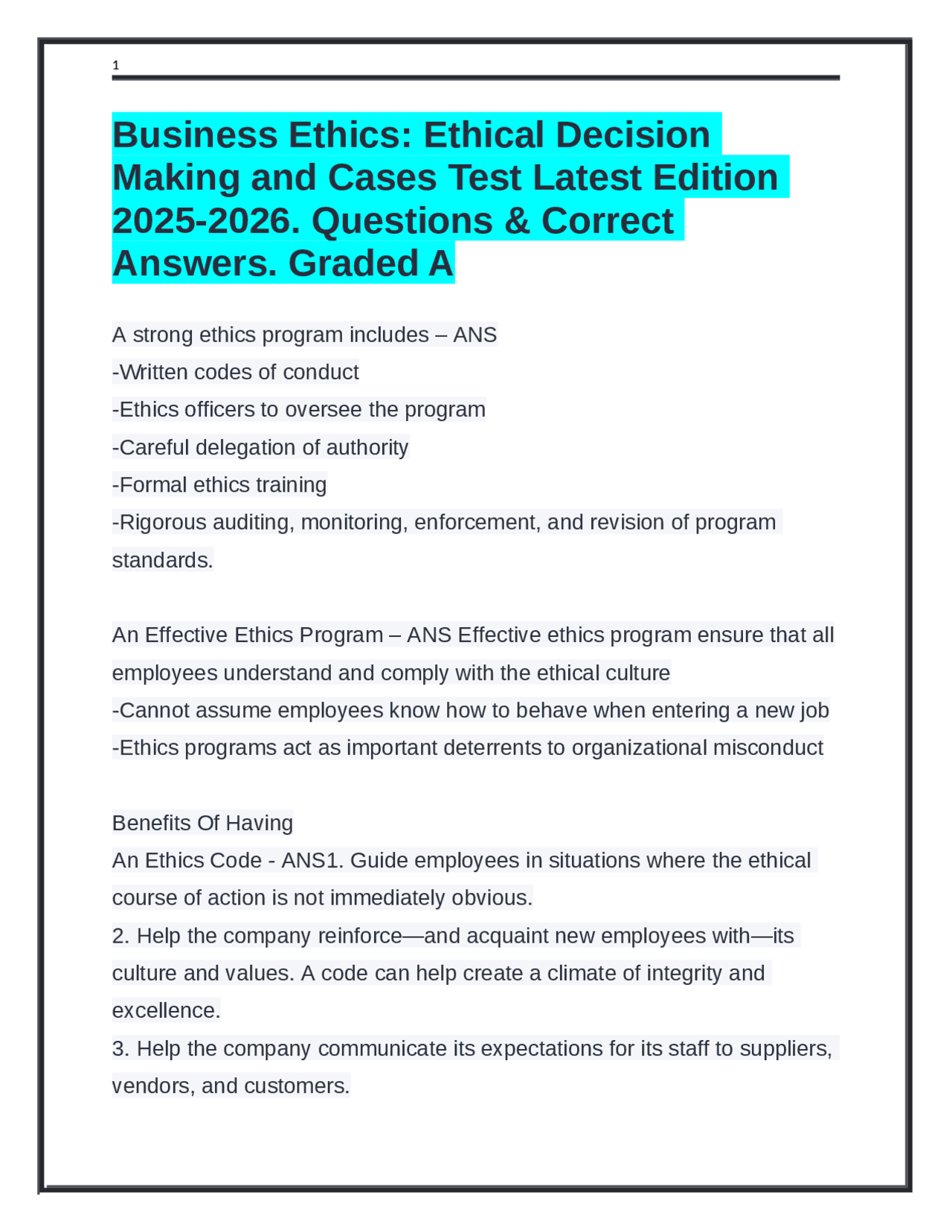 Business Ethics: Ethical Decision Making and Cases Test Latest Edition ...