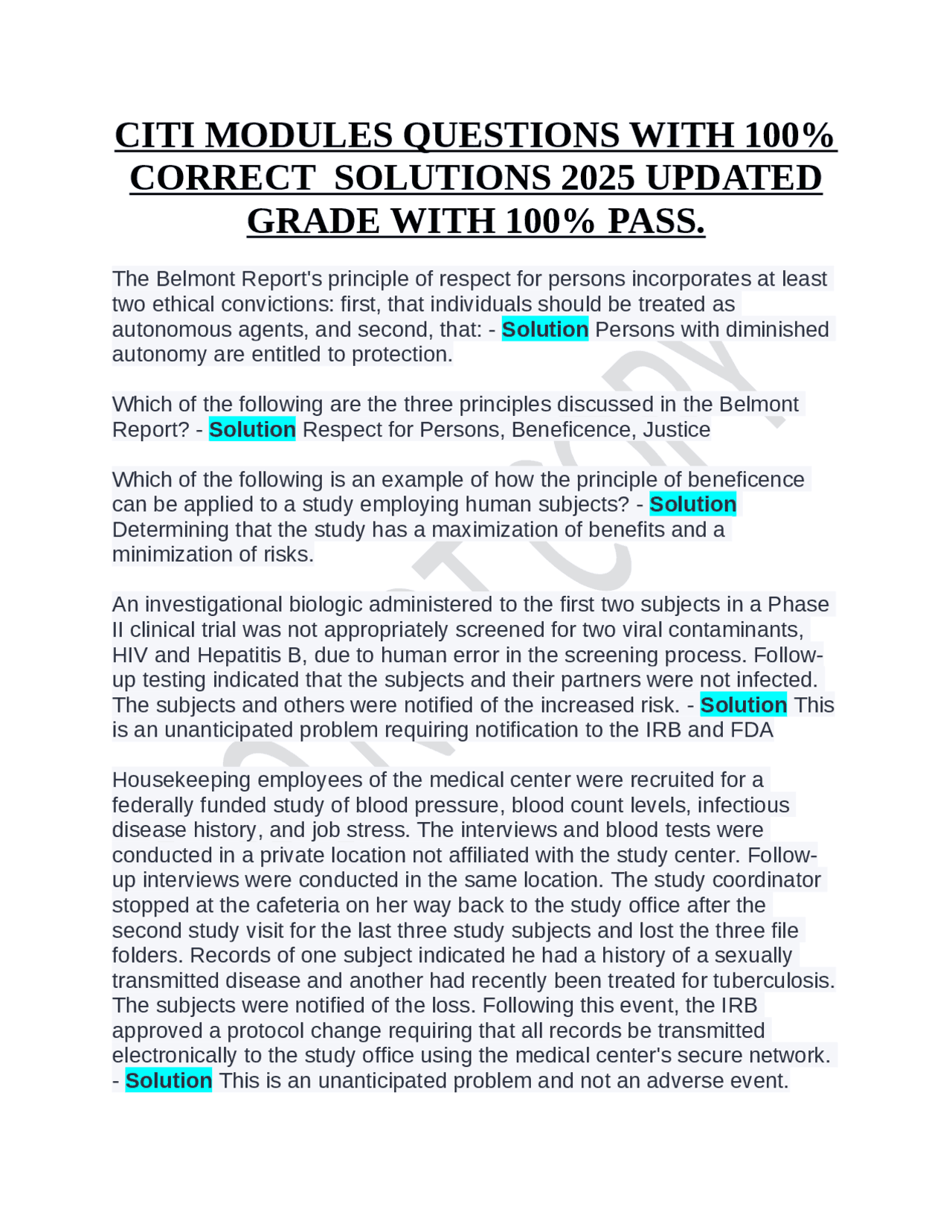 CITI MODULES QUESTIONS WITH 100% CORRECT SOLUTIONS 2025 UPDATED GRADE ...
