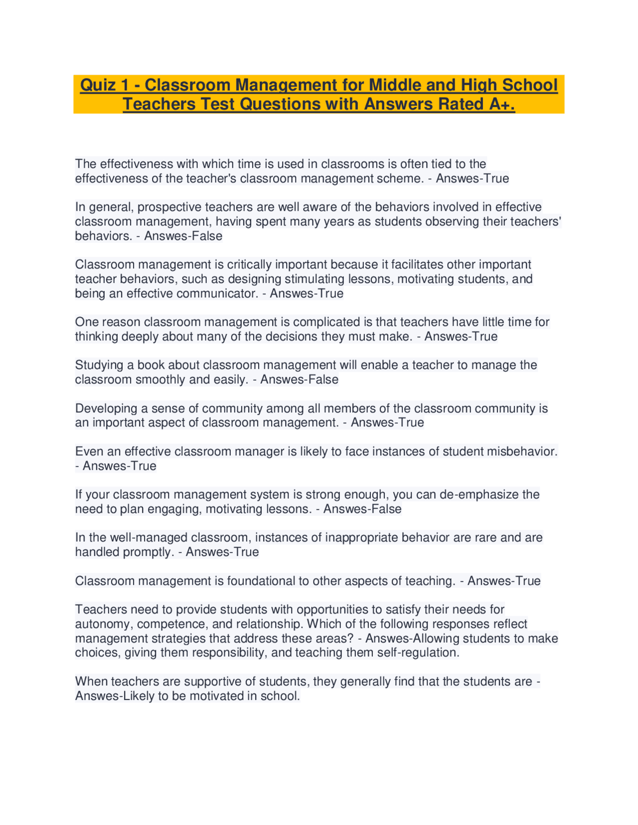 Quiz 1 - Classroom Management for Middle and High School Teachers Test ...