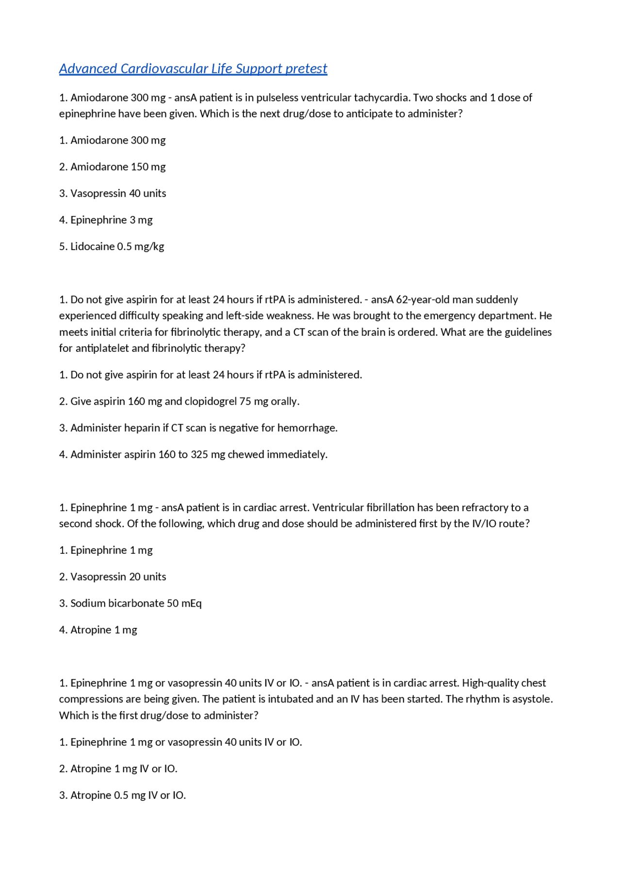 Advanced Cardiovascular Life Support pretest. | Exercises Nursing | Docsity