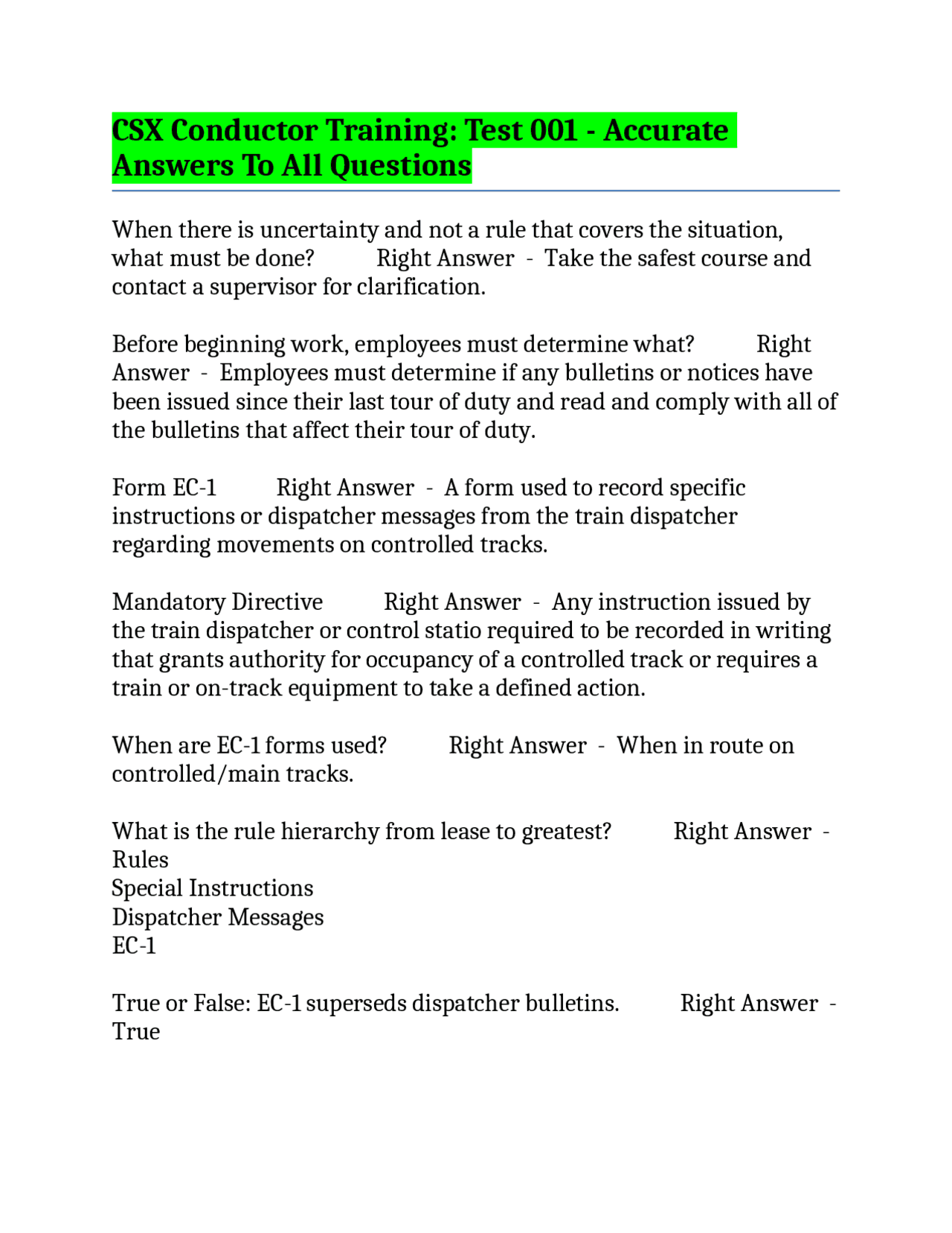 CSX Conductor Training: Test 001 - Accurate Answers To All Questions ...