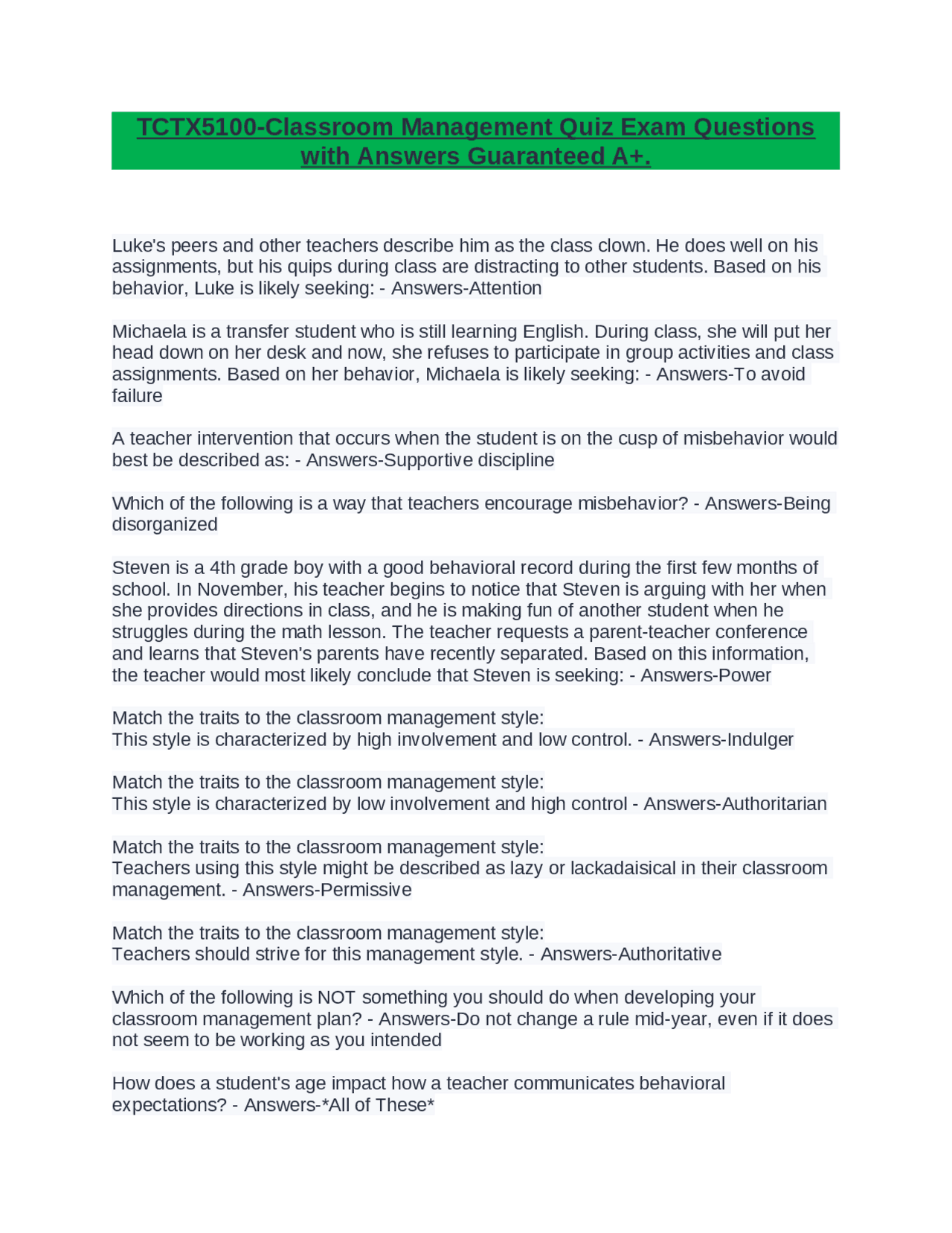 Classroom Management Quiz: Exam Questions and Answers | Exams Nursing ...