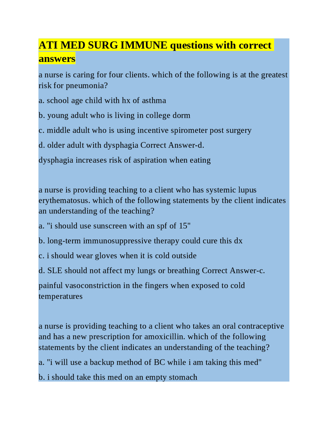 ATI MED SURG IMMUNE questions with correct answers | Exams Nursing ...
