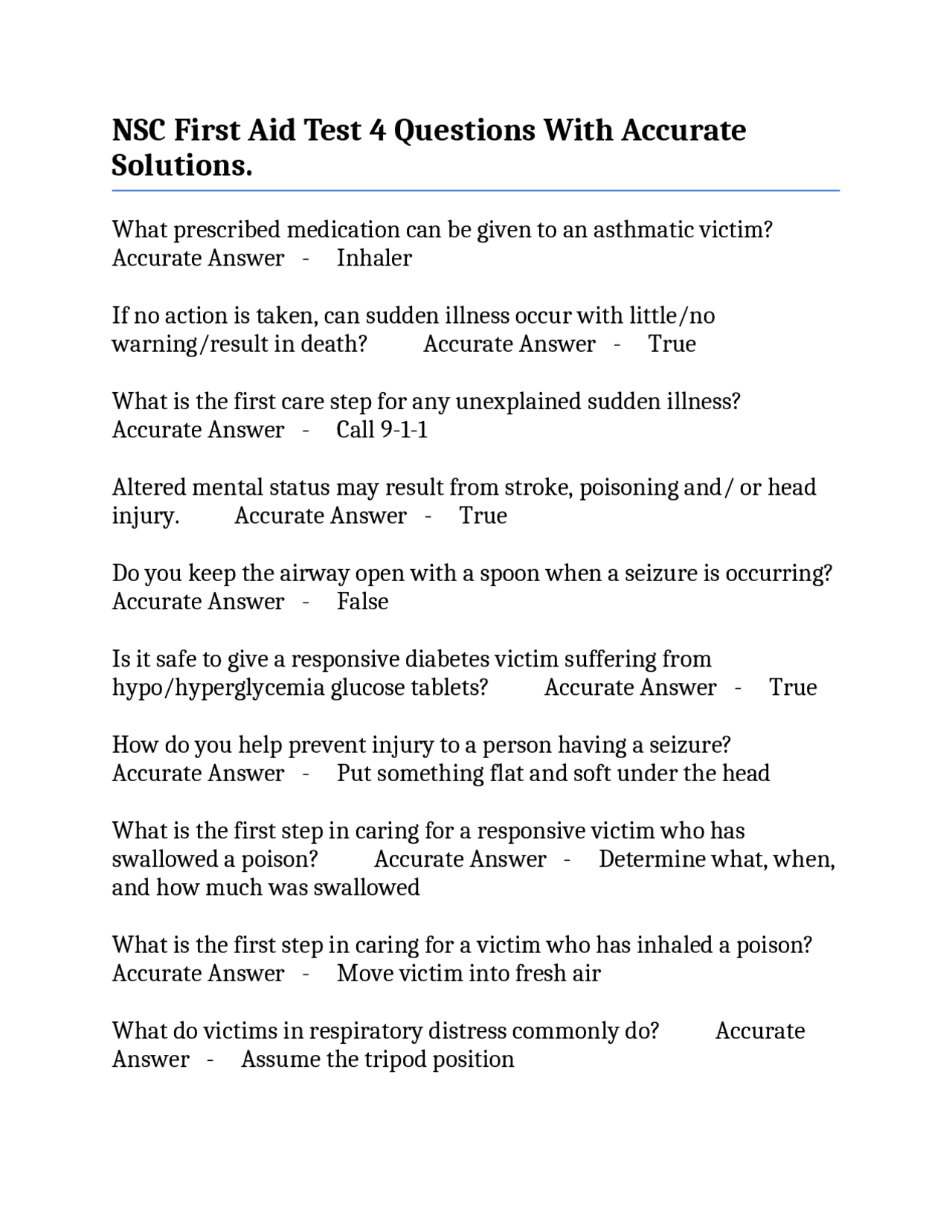 NSC First Aid Test 4 Questions With Accurate Solutions. | Exams Nursing ...