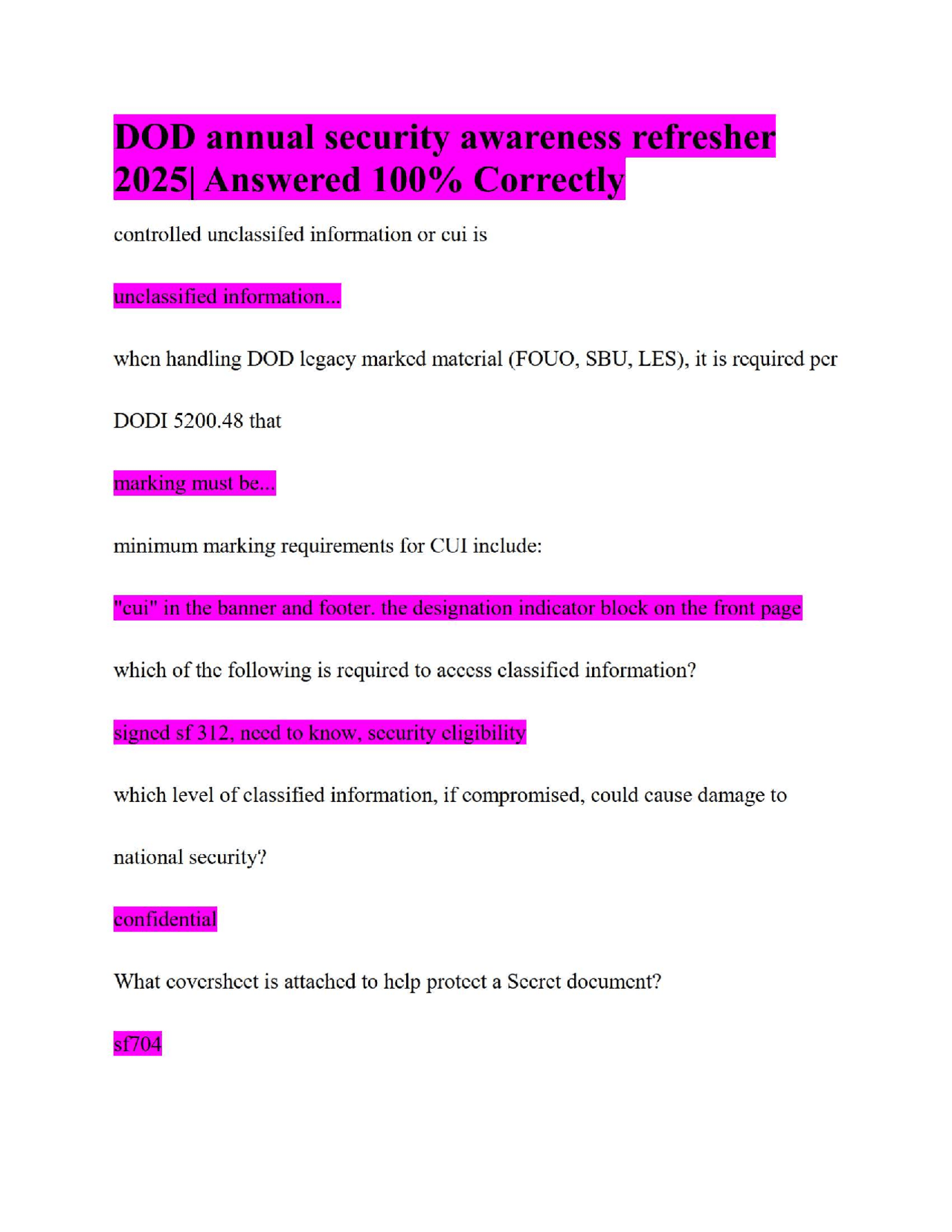 DOD annual security awareness refresher 2025| Answered 100% | Exams ...