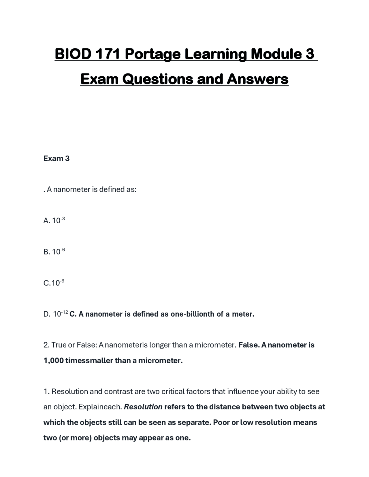 Essential Microbiology BIOD 171 Portage Learning M3: Exam with ...
