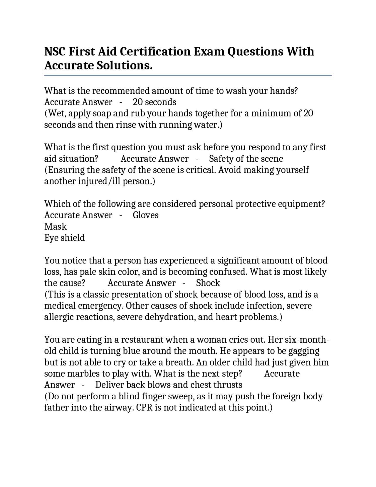 NSC First Aid Certification Exam Questions With Accurate Solutions ...