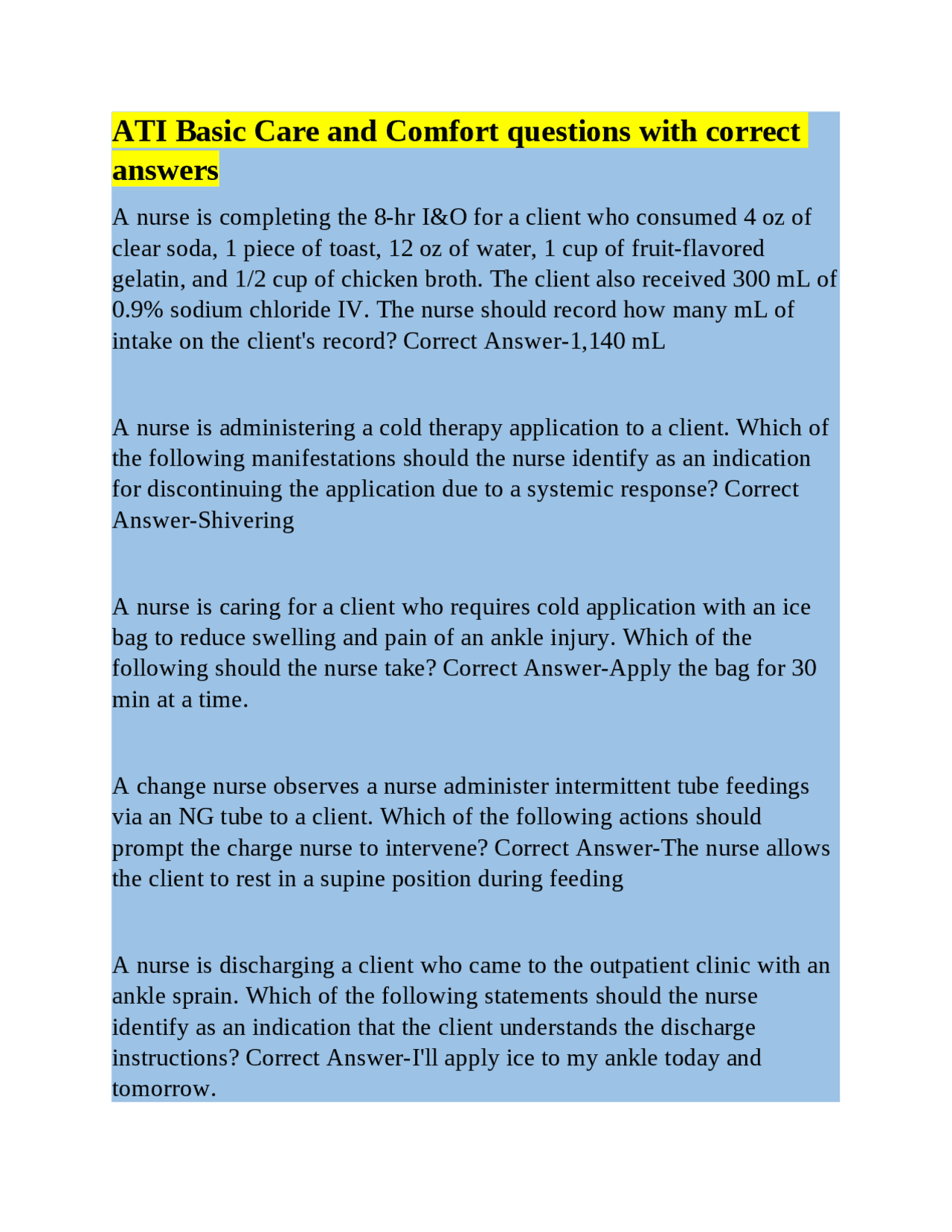 ATI Basic Care and Comfort questions with correct answers | Exams ...