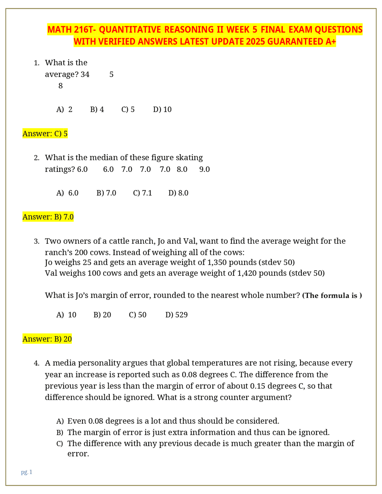 MATH 216T- QUANTITATIVE REASONING II WEEK 5 FINAL EXAM QUESTIONS WITH VERIFIED ANSWERS LAT ...