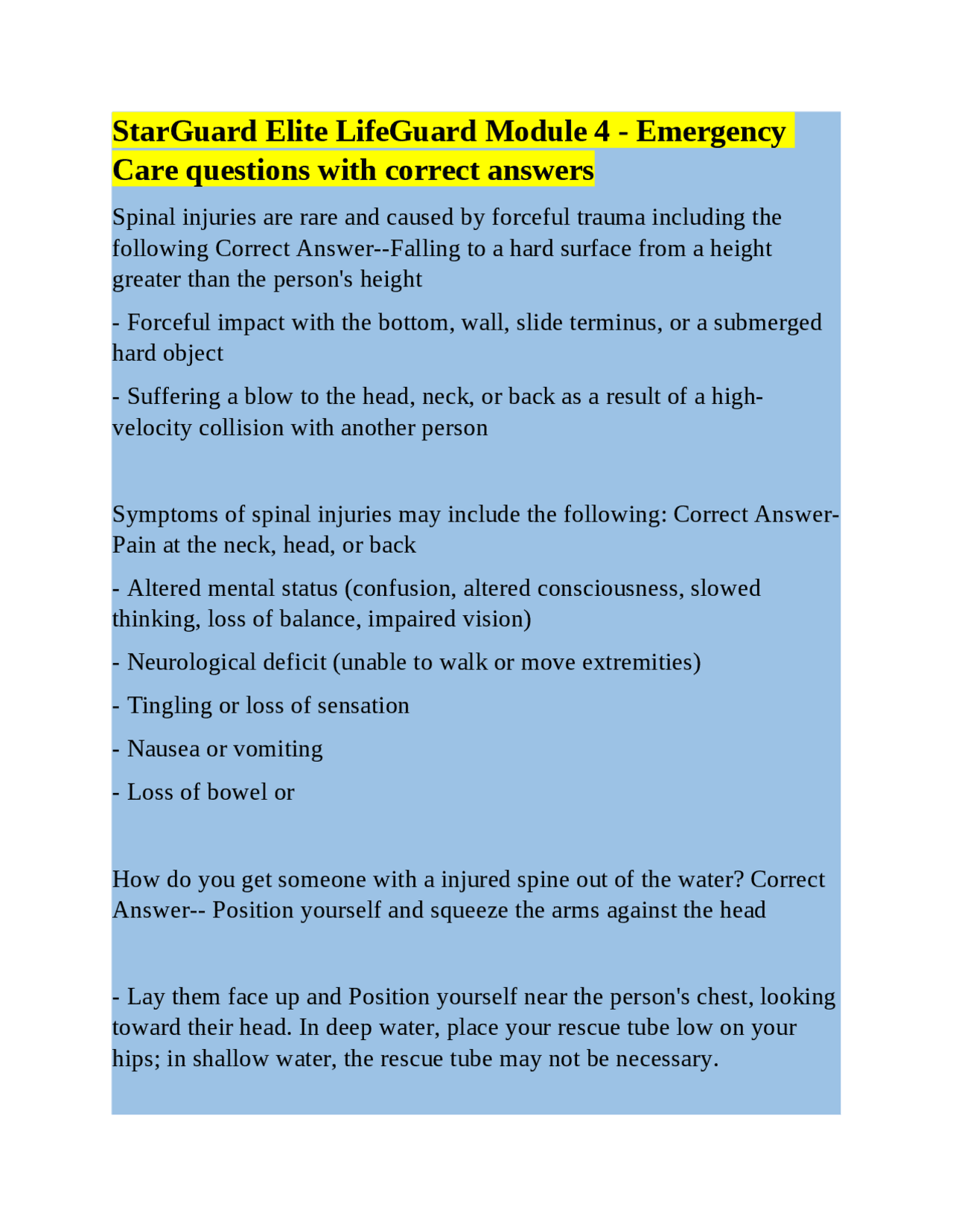 StarGuard Elite LifeGuard Module 4 - Emergency Care questions with ...