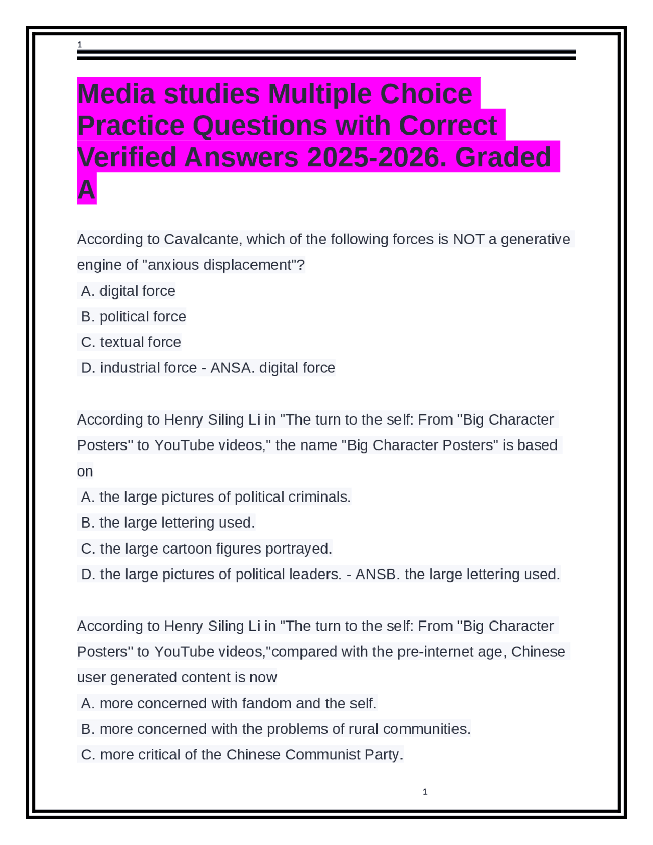 Media studies Multiple Choice Practice Questions with Correct Verified ...