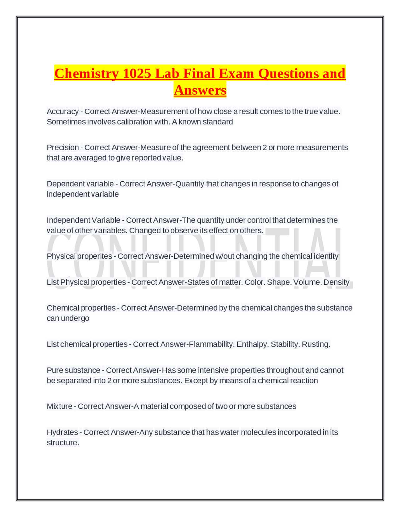 Chemistry 1025 Lab Final Exam Questions and Answers | Exams Chemistry ...