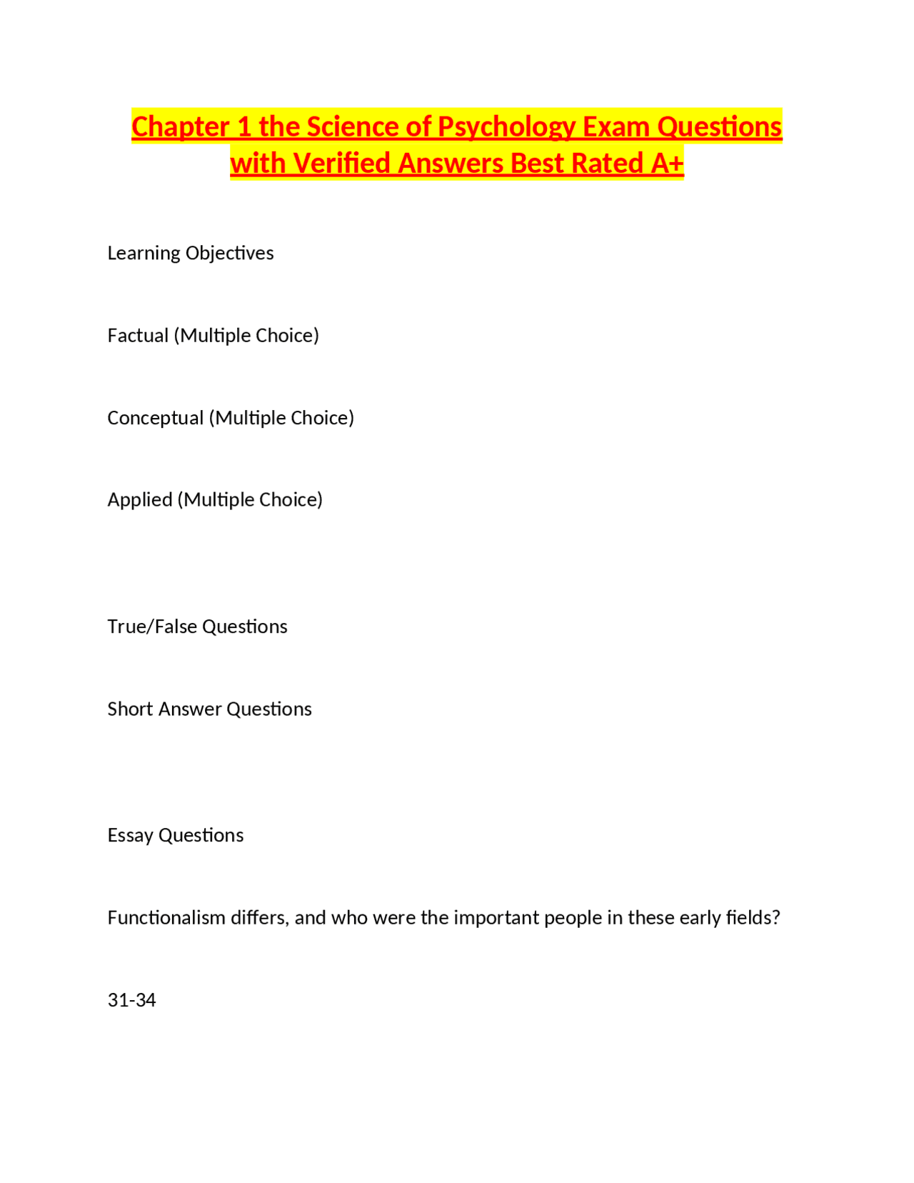Chapter 1 the Science of Psychology Exam Questions with Verified ...