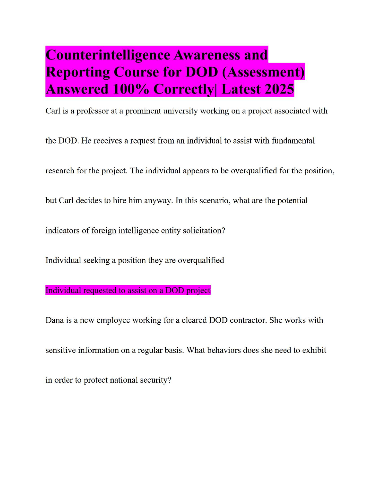 Counterintelligence Awareness and Reporting Course for DOD (Assessment ...