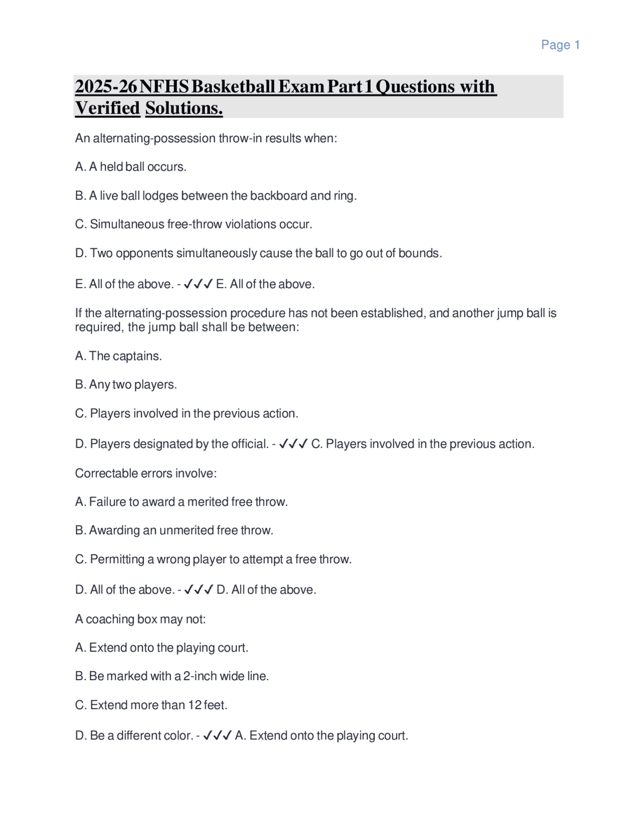 2025-26 NFHS Basketball Exam Part 1 Questions with Verified Solutions ...