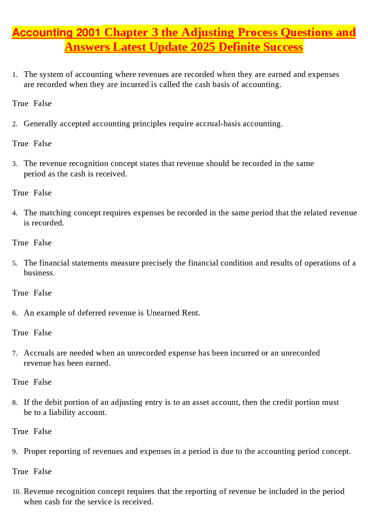 Accounting 2001 Chapter 3 the Adjusting Process Questions and Answers ...