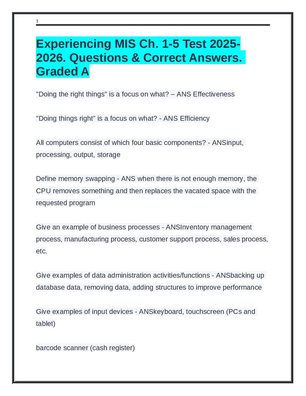 Experiencing MIS Ch. 1-5 Test 2025-2026. Questions & Correct Answers ...