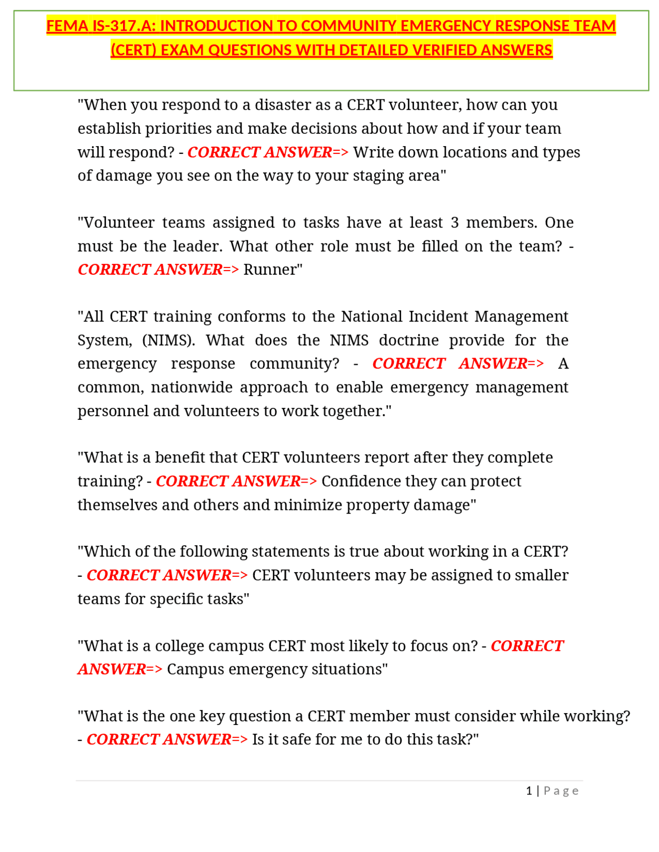 CERT Exam Questions with Verified Answers: Community Emergency Response ...