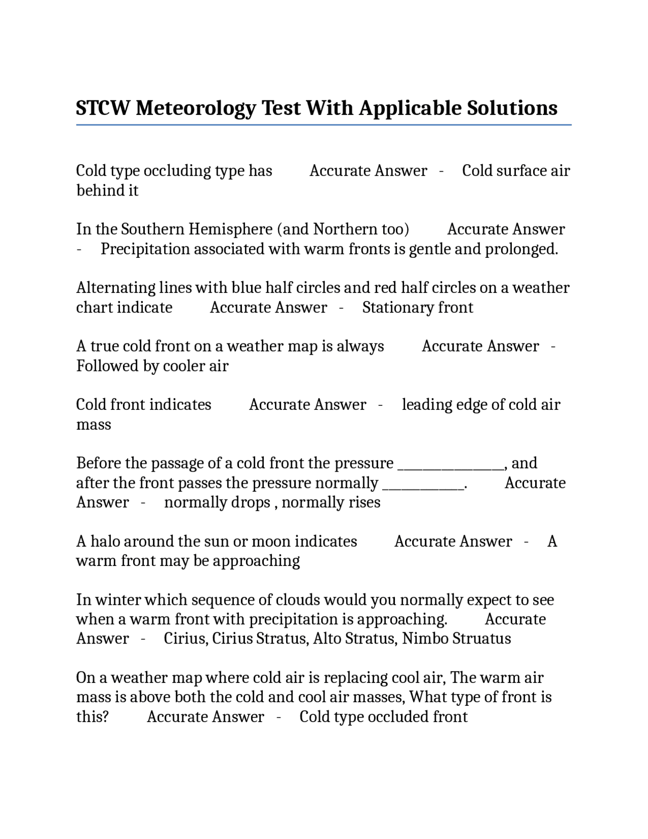 STCW Meteorology Test With Applicable Solutions | Exams Geology | Docsity