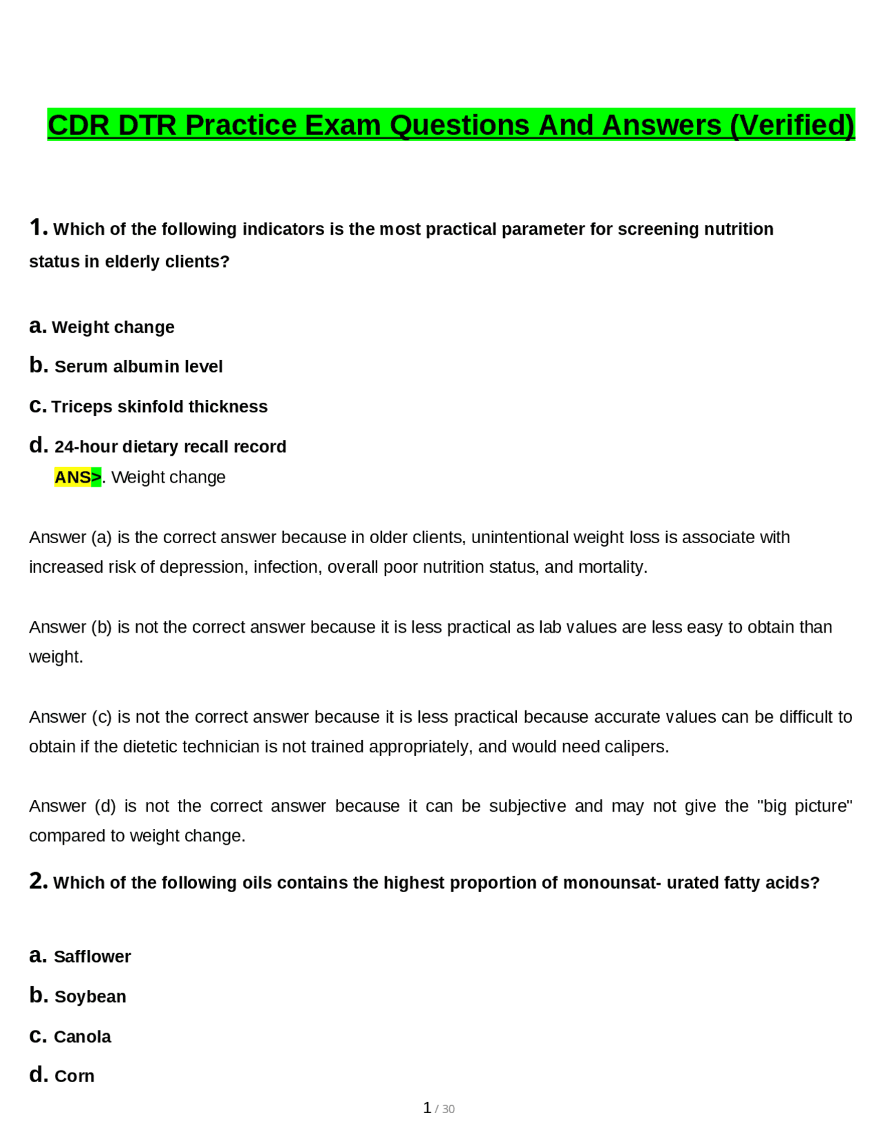 CDR DTR Practice Exam tested questions with revised correct answers ...