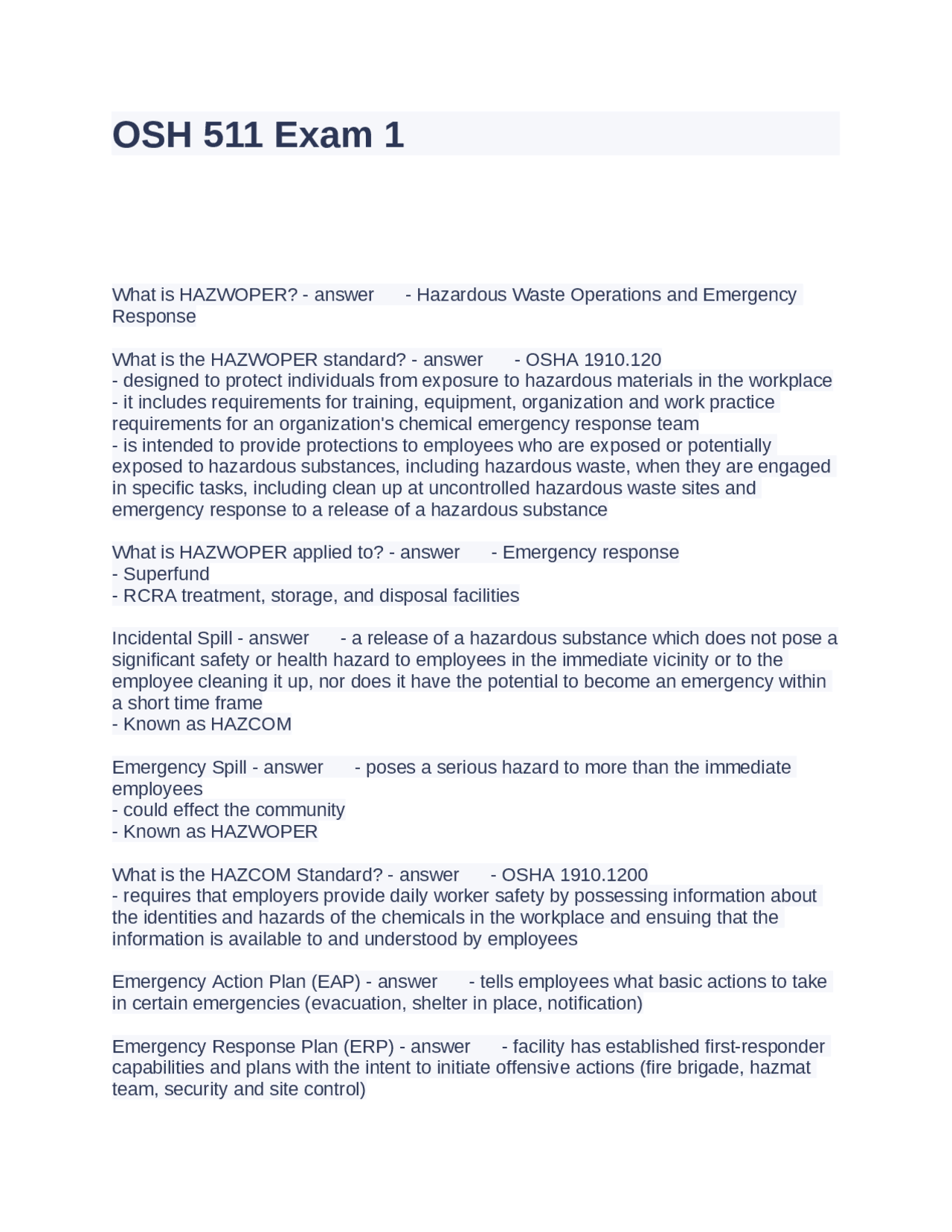 OSH 511 Exam 1 Questions and Answers Fully Solved | Exams Advanced ...