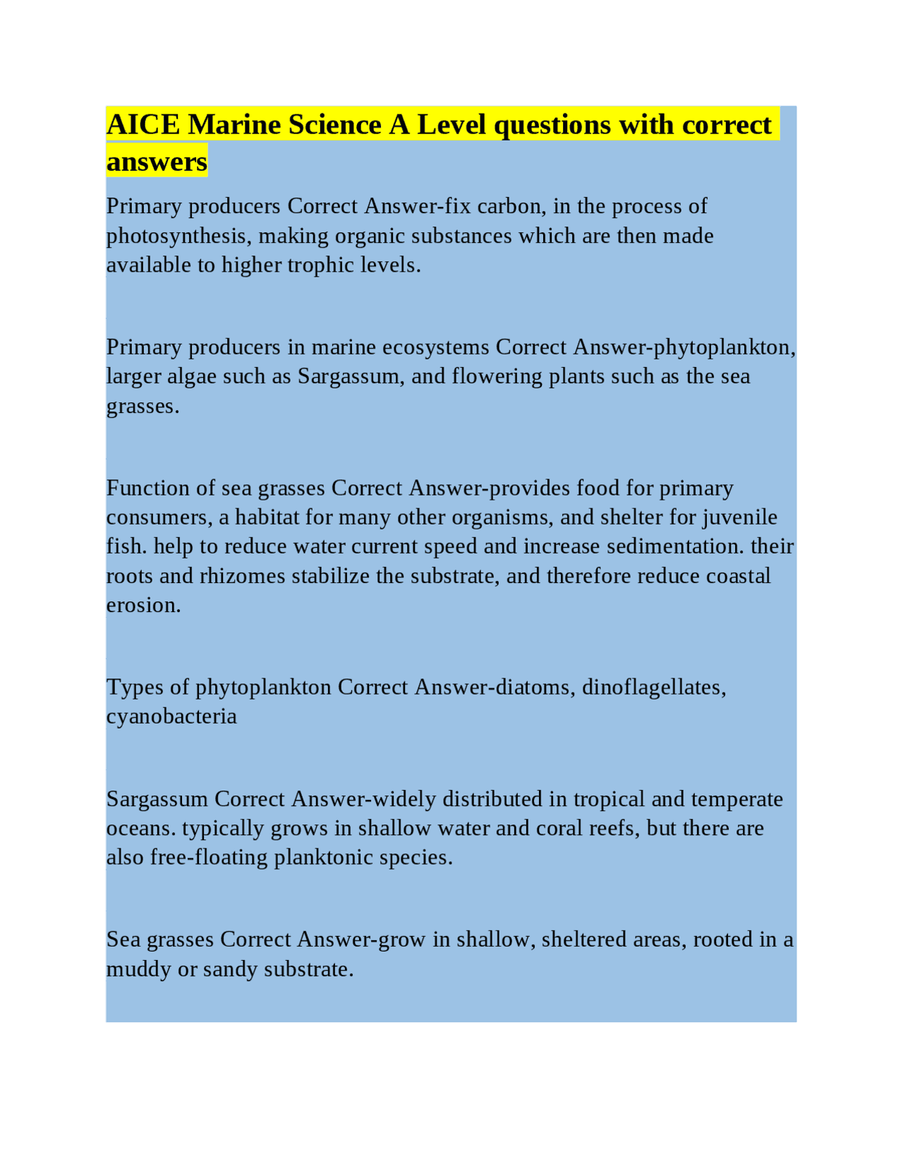 AICE Marine Science A Level questions with correct answers | Exams ...