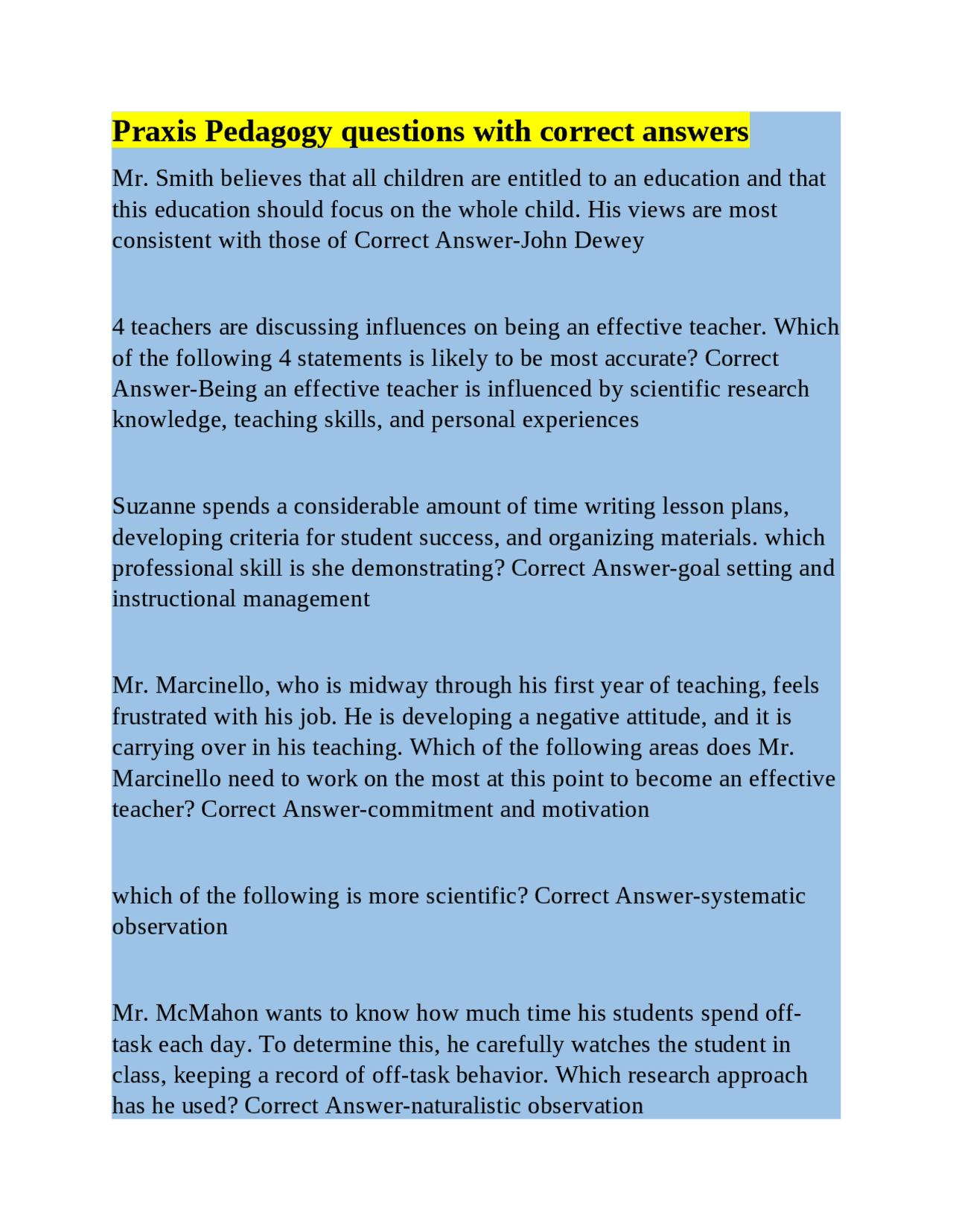 Praxis Pedagogy questions with correct answers | Exams Nursing | Docsity