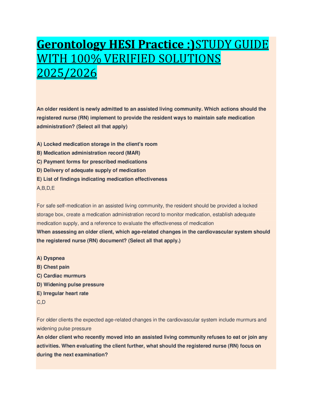 Gerontology HESI Practice :)STUDY GUIDE WITH 100% VERIFIED SOLUTIONS ...