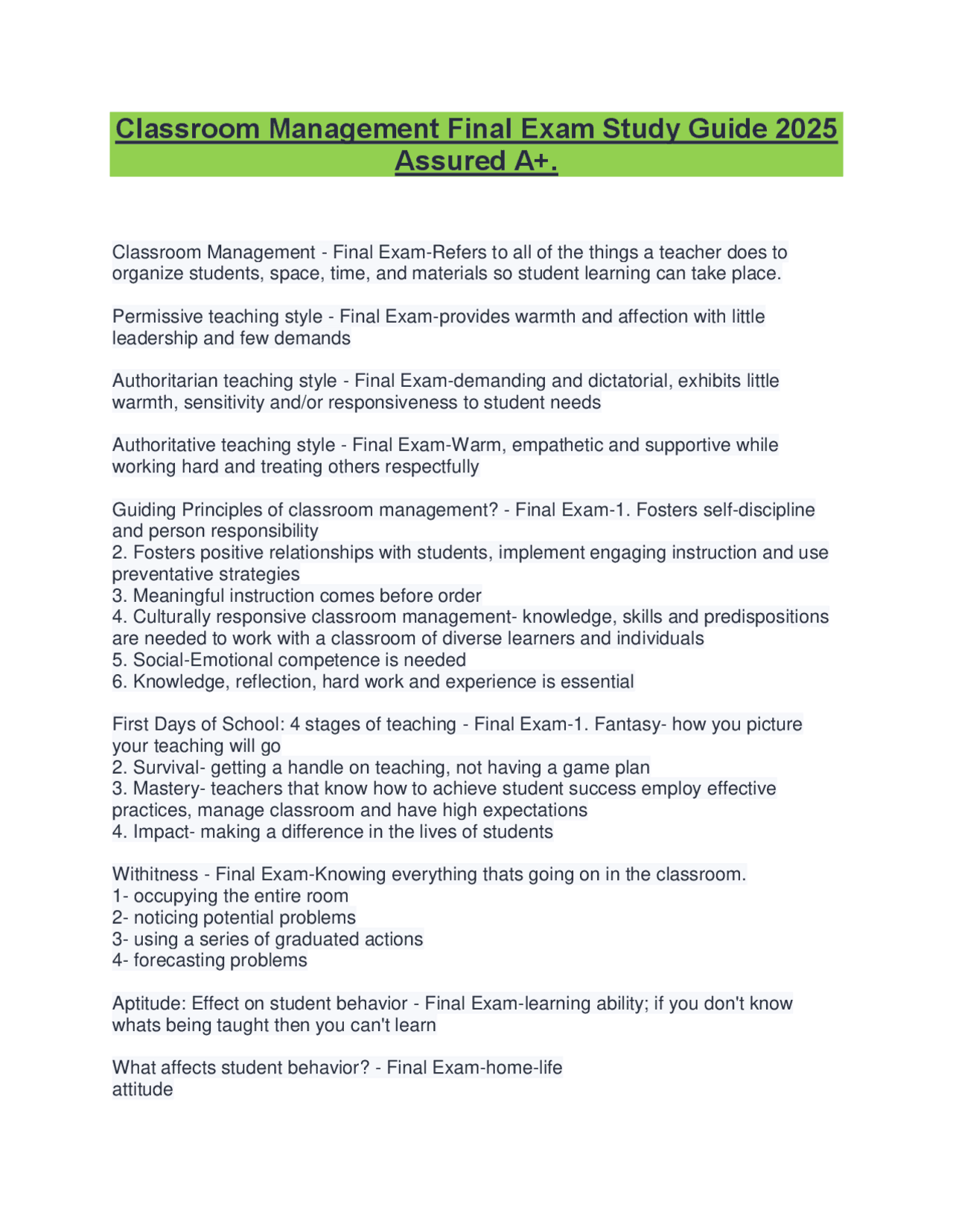Classroom Management Final Exam Study Guide: Effective Teaching ...
