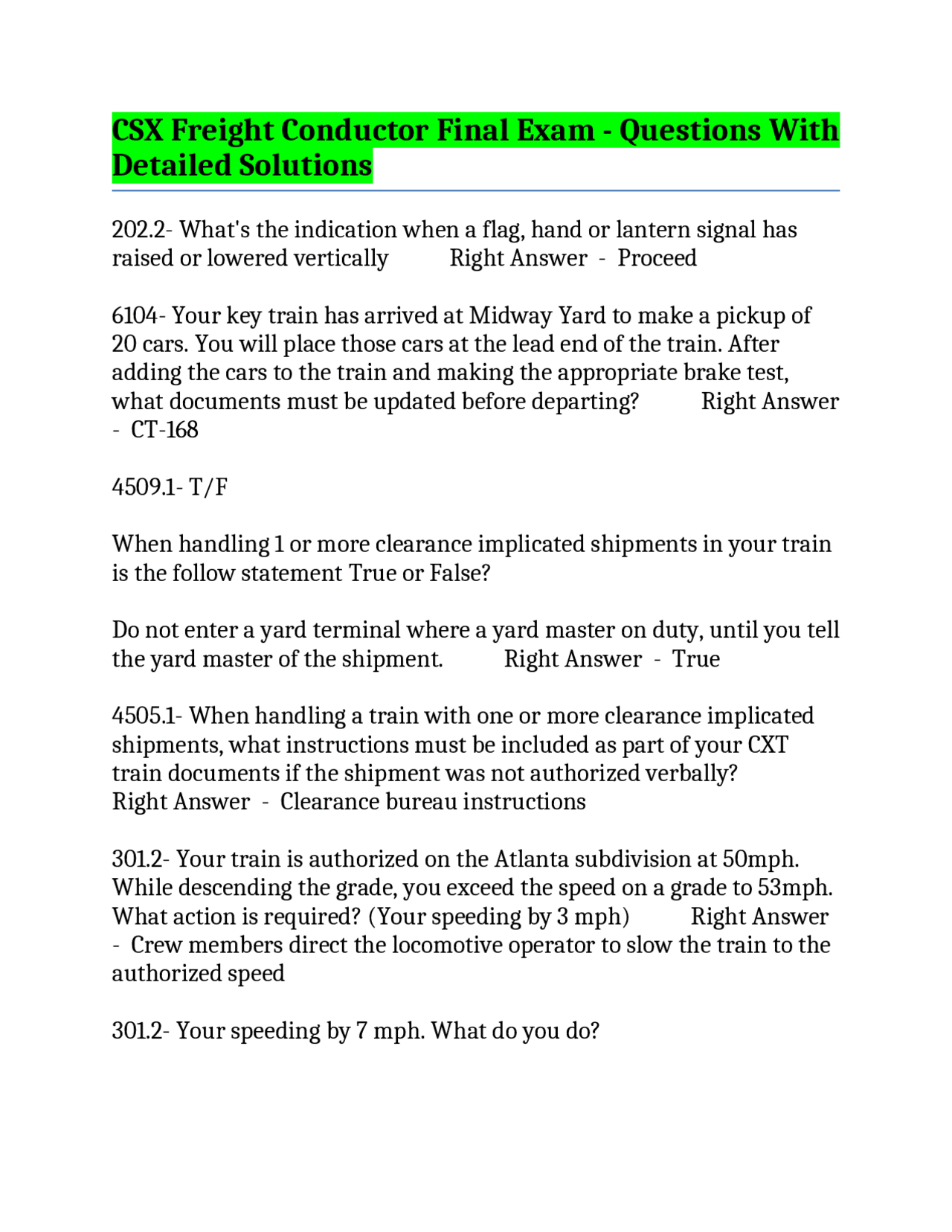 CSX Freight Conductor Final Exam - Questions With Detailed Solutions ...