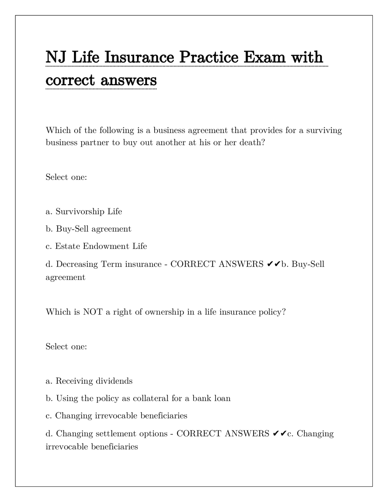 NJ Life Insurance Practice Exam with correct answers | Exams Insurance ...