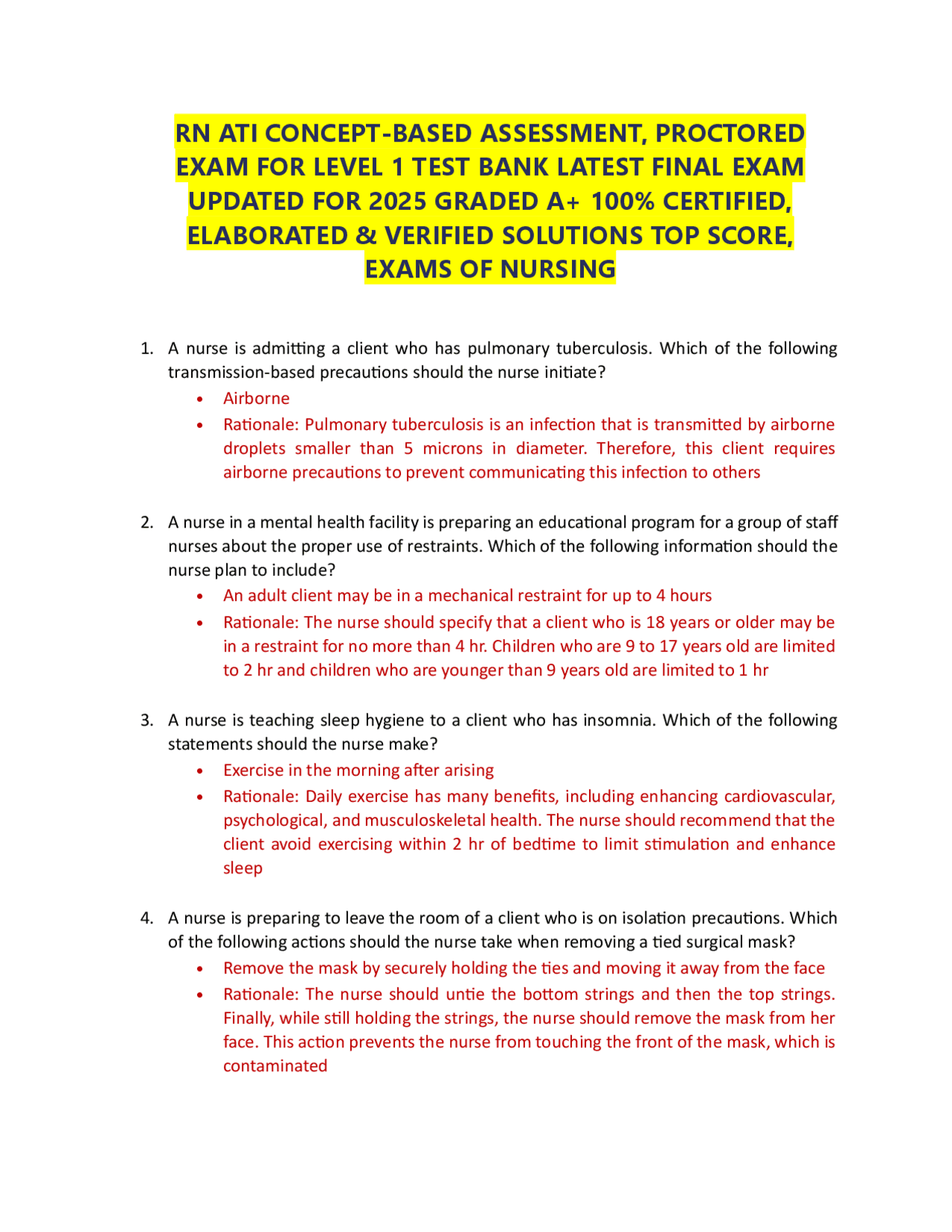 RN ATI CONCEPT-BASED ASSESSMENT, PROCTORED EXAM FOR LEVEL 1 TEST BANK ...