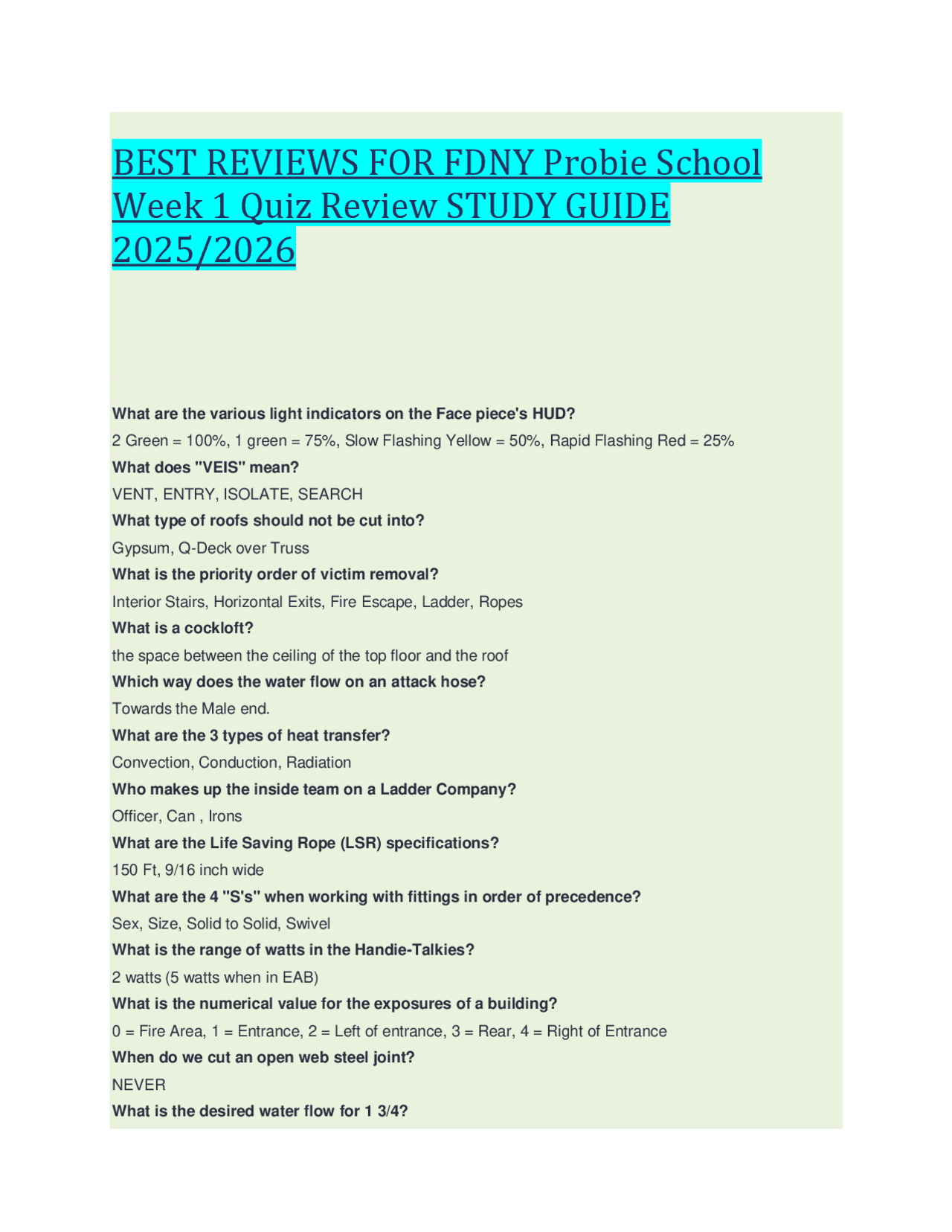 BEST REVIEWS FOR FDNY Probie School Week 1 Quiz Review STUDY GUIDE 2025 ...