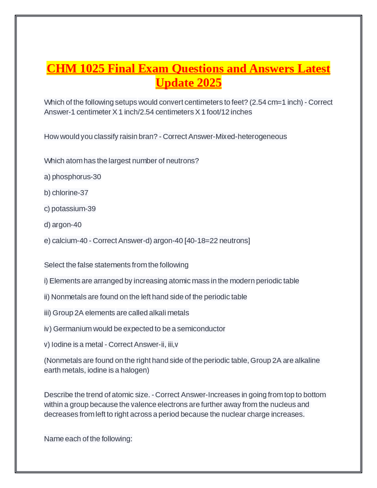 Chemistry 1025 Final Exam Q&A: Comprehensive Study Guide | Exams ...