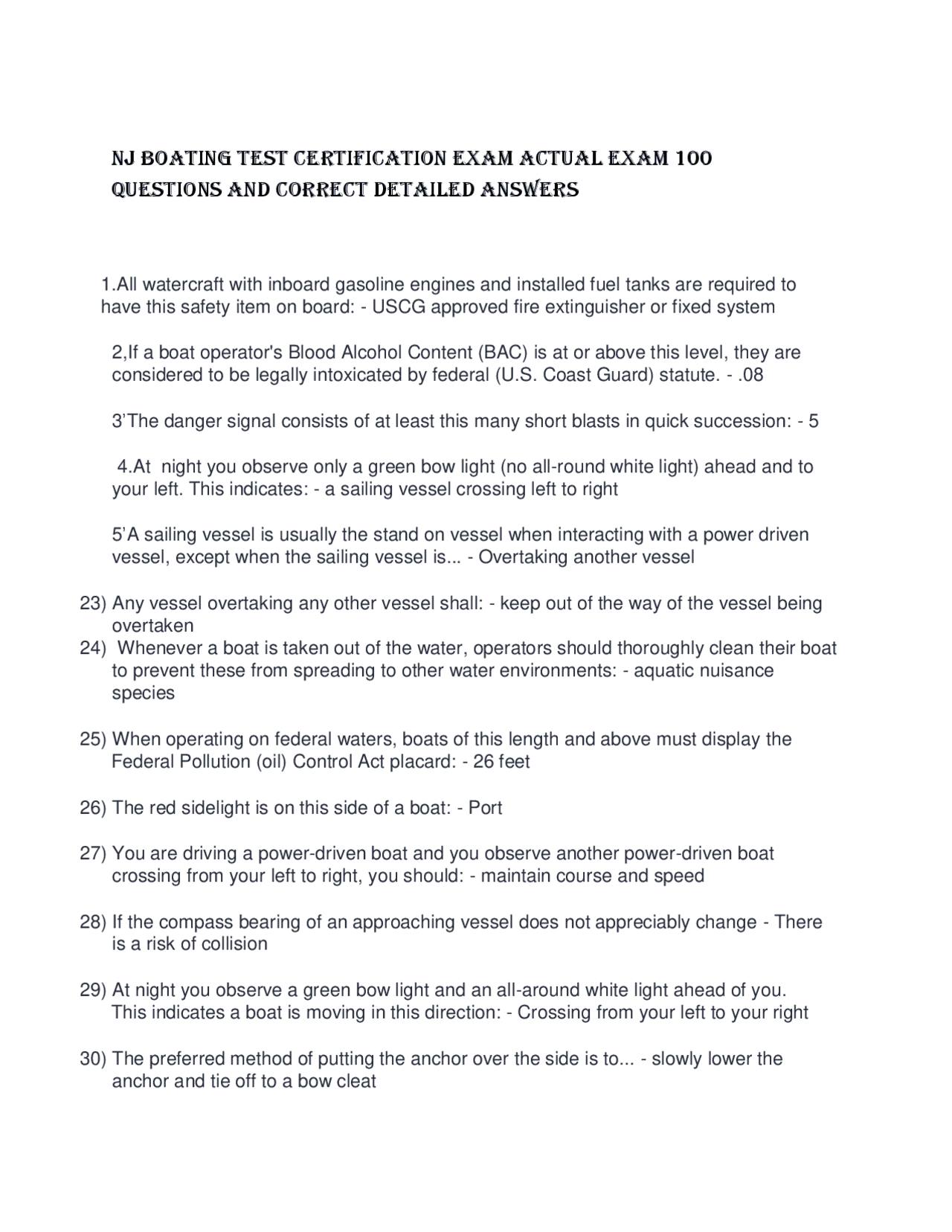 NJ BOATING TEST CERTIFICATION EXAM ACTUAL EXAM 100 QUESTIONS AND ...