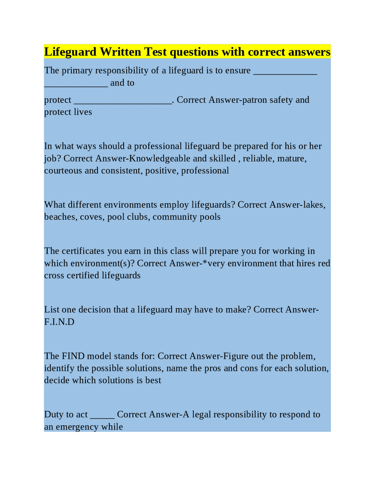 Lifeguard Written Test questions with correct answers | Exams Safety ...