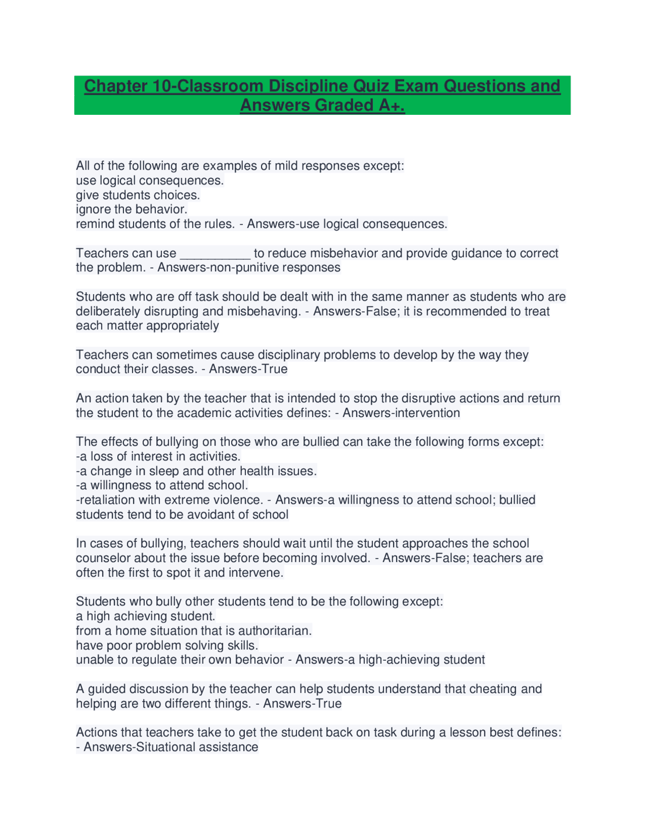 Chapter 10-Classroom Discipline Quiz Exam Questions and Answers Graded ...