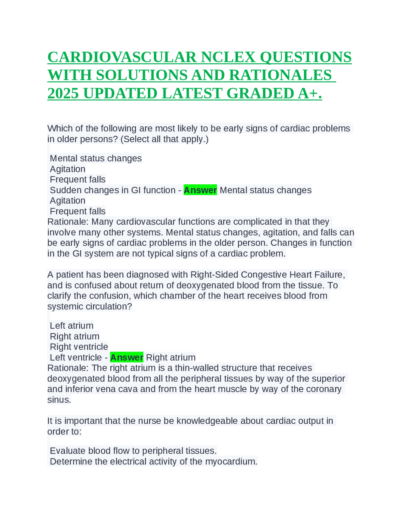 CARDIOVASCULAR NCLEX QUESTIONS WITH SOLUTIONS AND RATIONALES 2025 ...