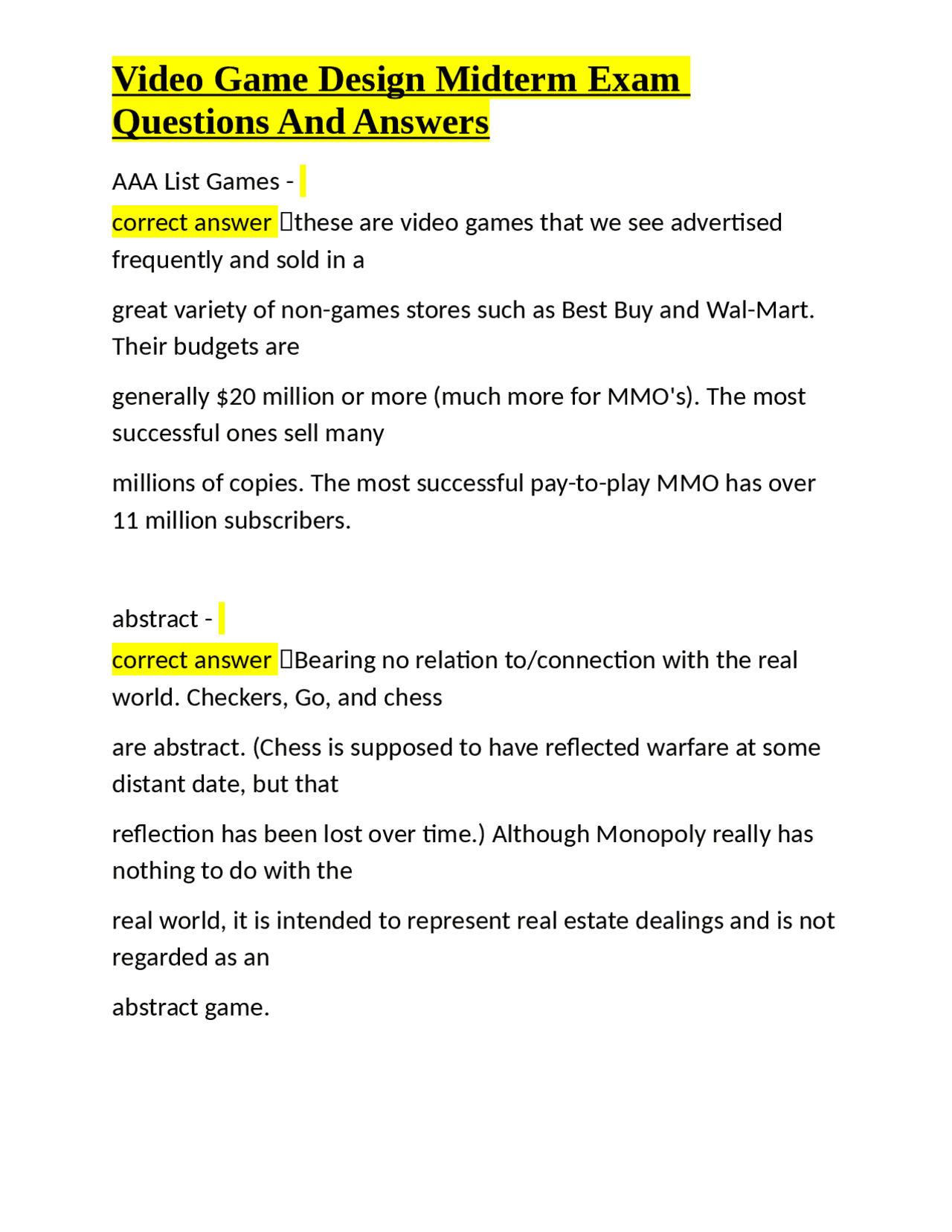 Video Game Design Midterm Exam Questions And Answers | Exams Computer ...