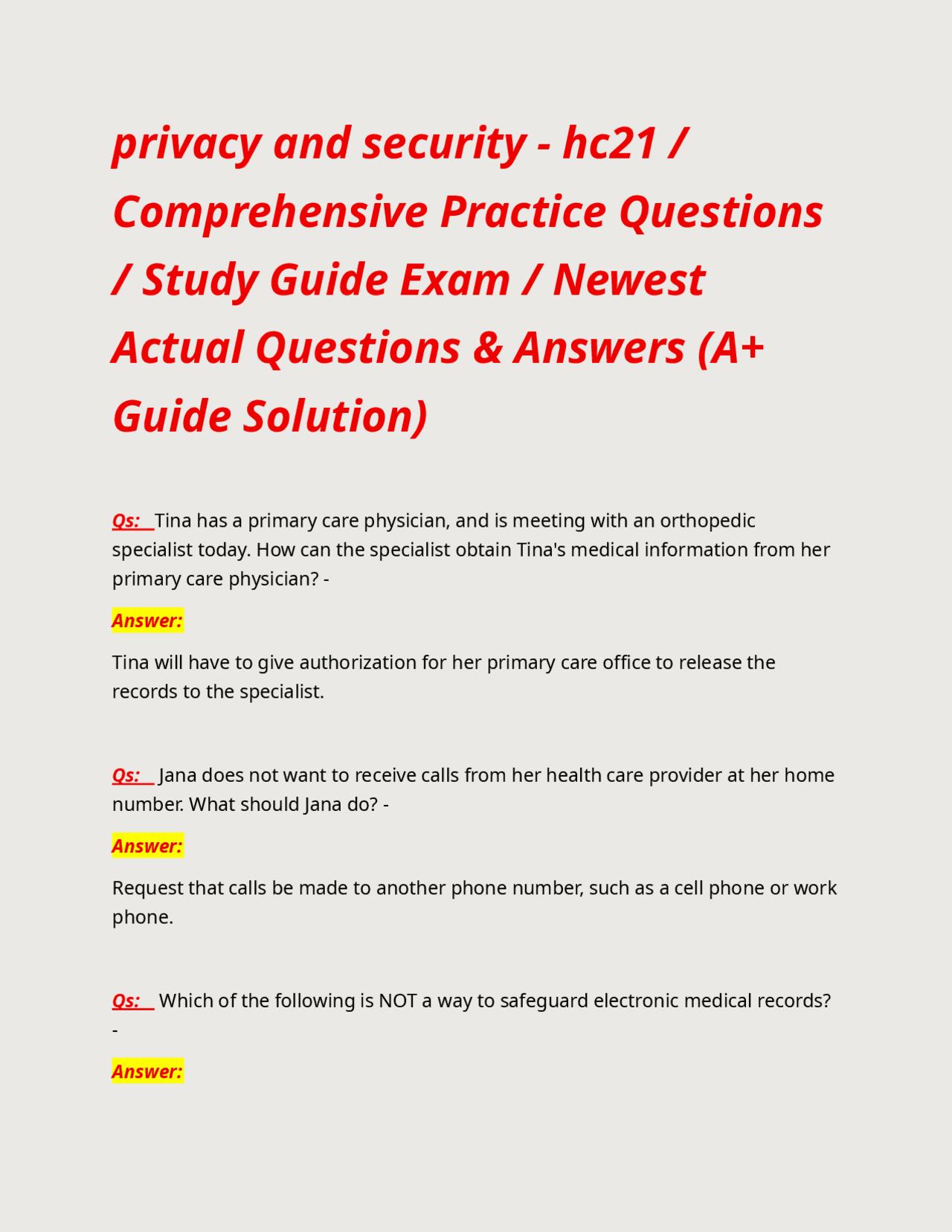privacy and security - hc21 / Comprehensive Practice Questions / Study ...