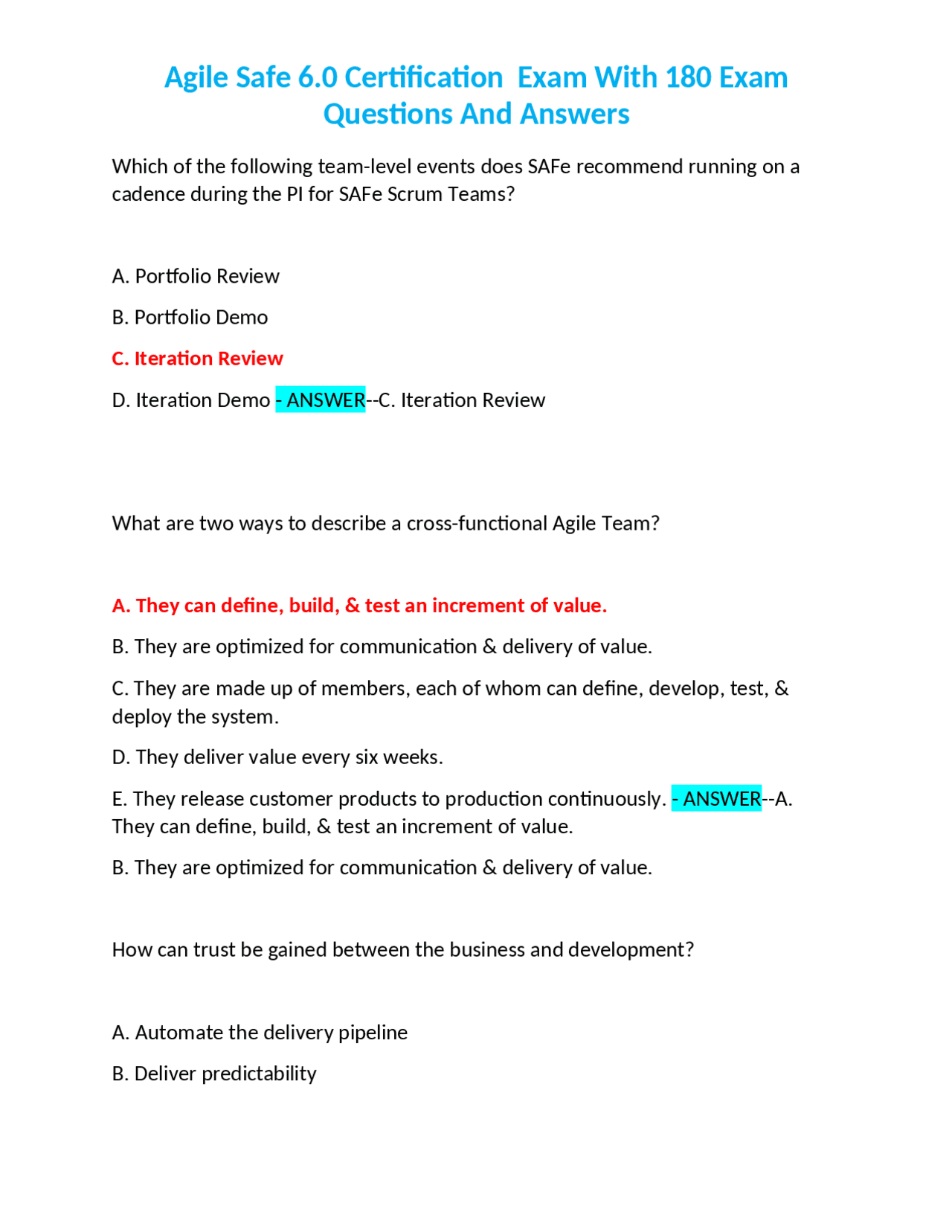 Agile SAFe 6.0 Certification Exam: 180 Q&A for Success | Exams Nursing ...