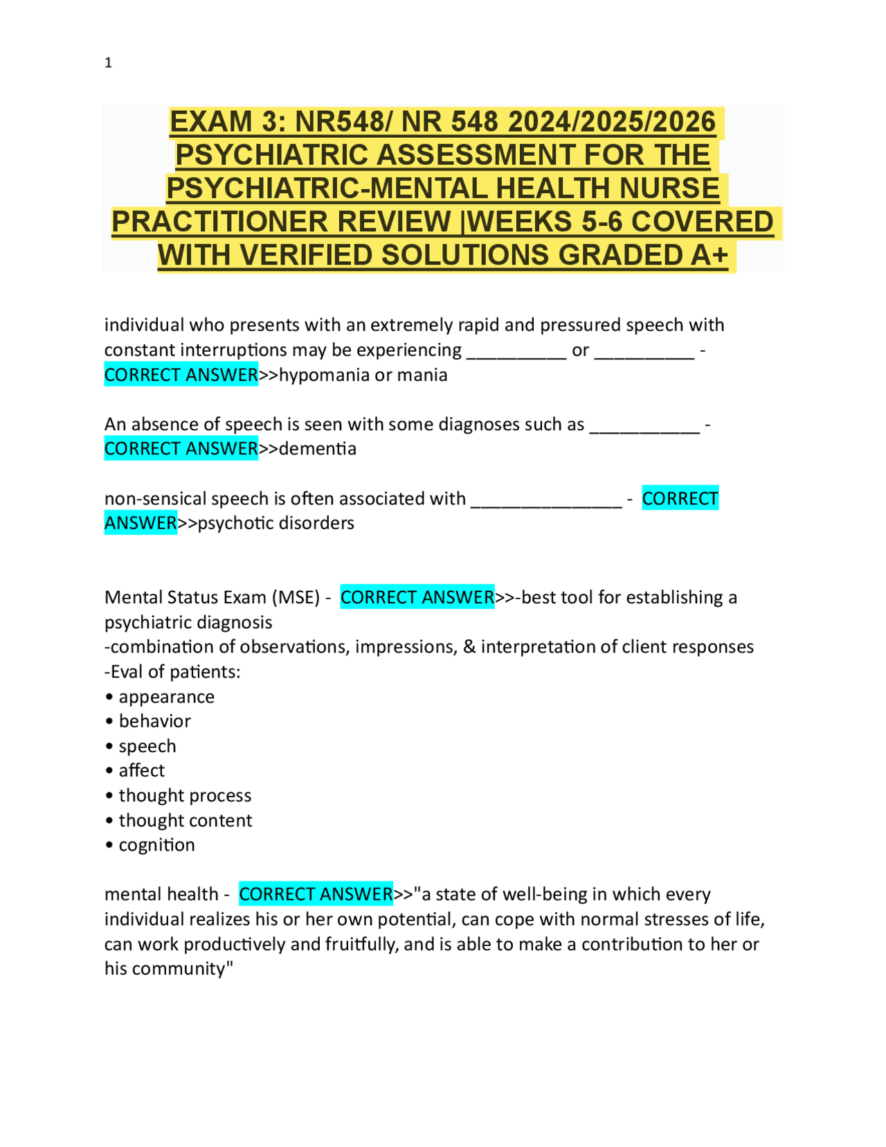 Psychiatric Assessment Exam Review: Mental Status Examination (MSE ...