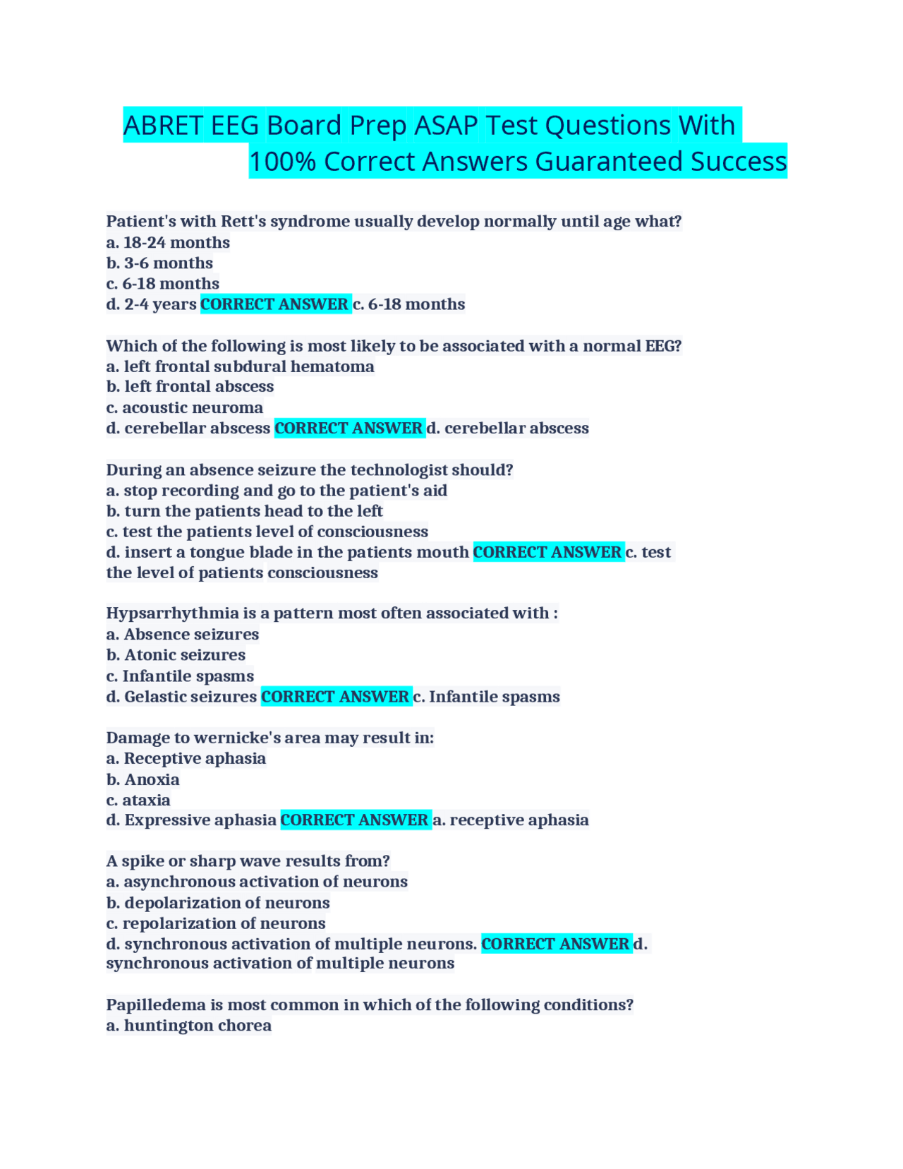 ABRET EEG Board Prep ASAP Test Questions With 100% Correct Answers ...