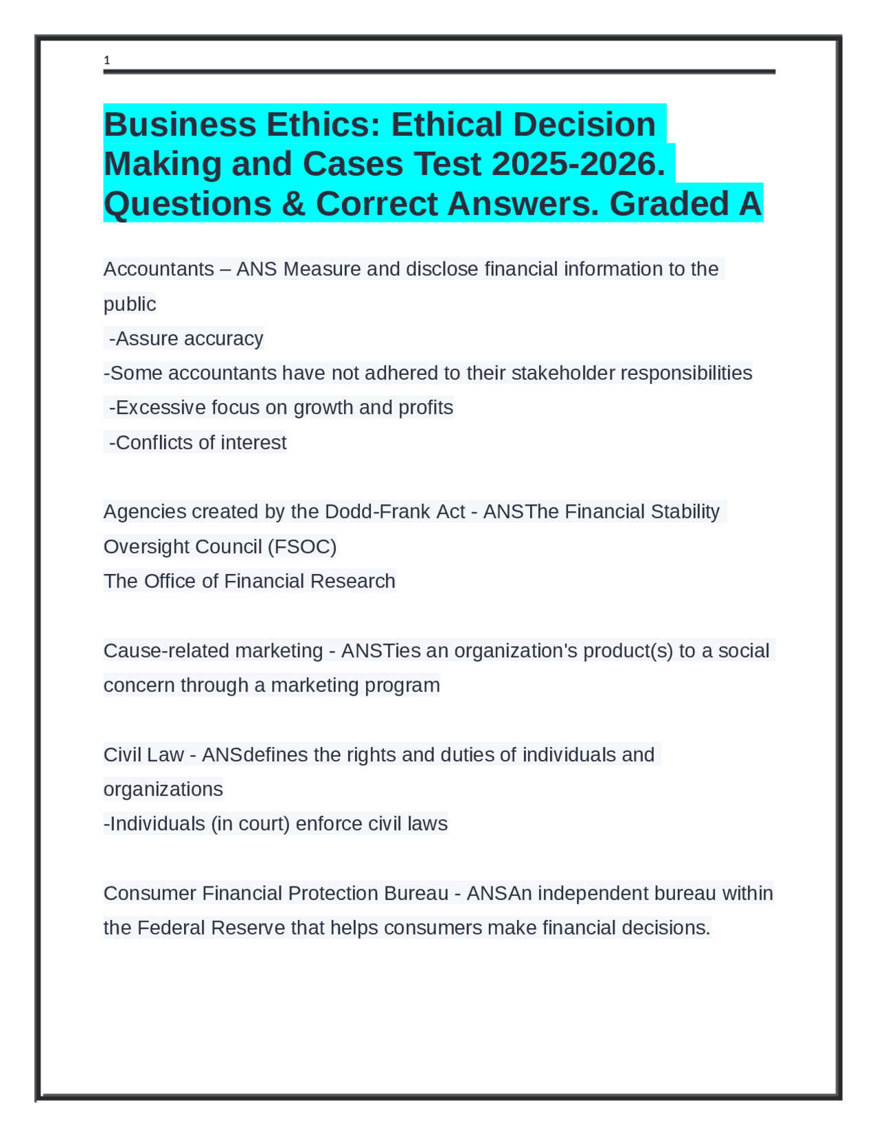 Business Ethics: Ethical Decision Making and Cases Test 2025-2026 ...
