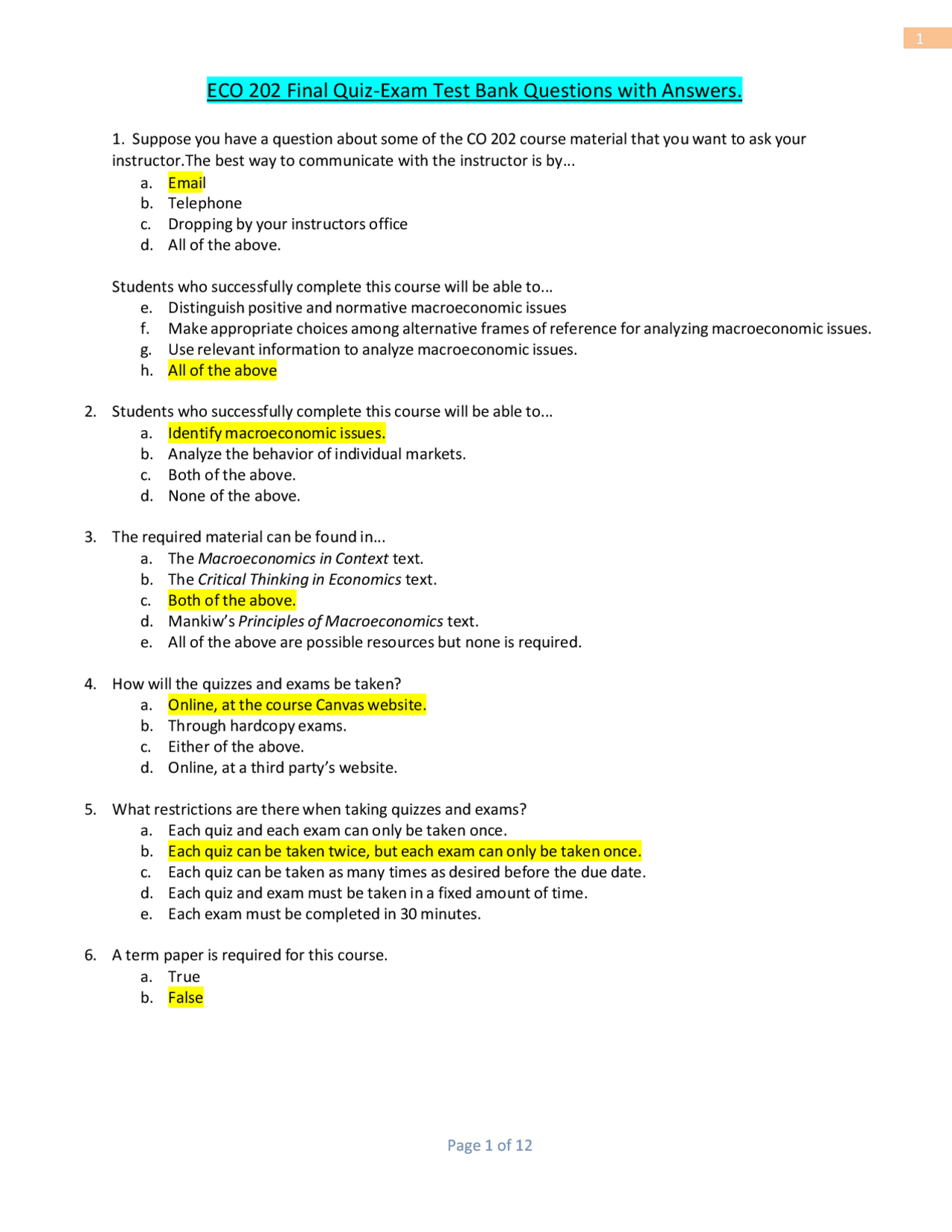 ECO 202 Final Quiz-Exam Test Bank Questions with Answers. | Exams ...