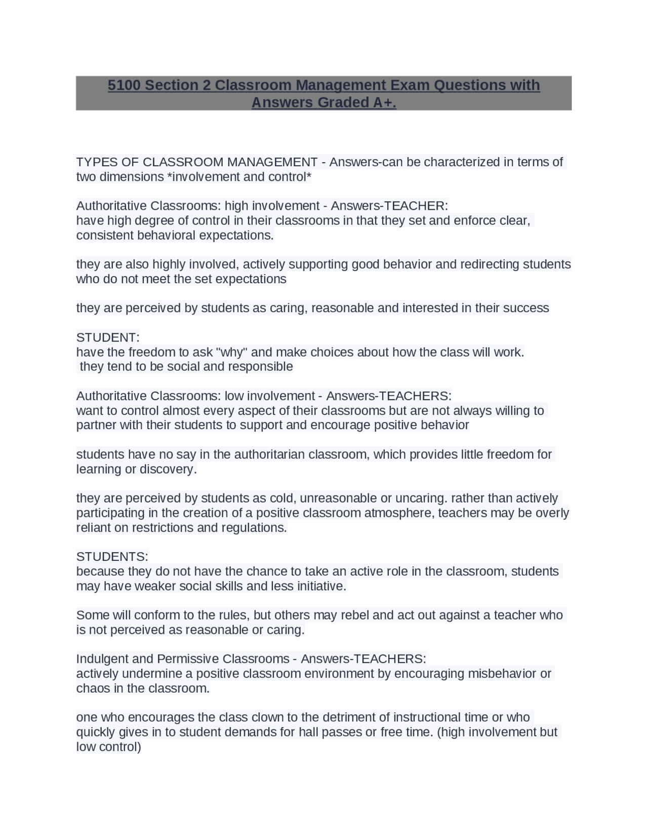 5100 Section 2 Classroom Management Exam Questions with Answers Graded A+. | Exams Nursing | Docsity