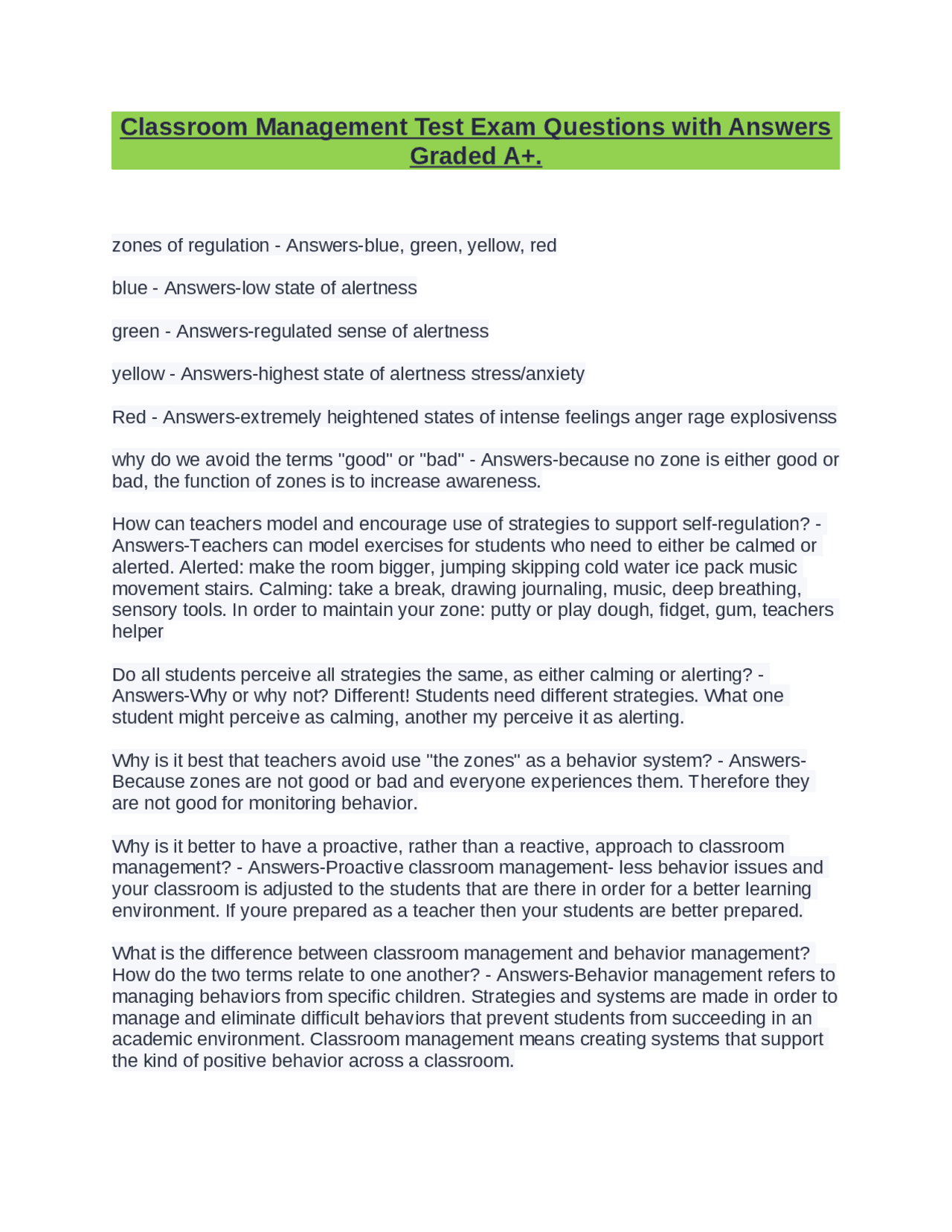 Classroom Management Test Exam Questions with Answers Graded A+ ...