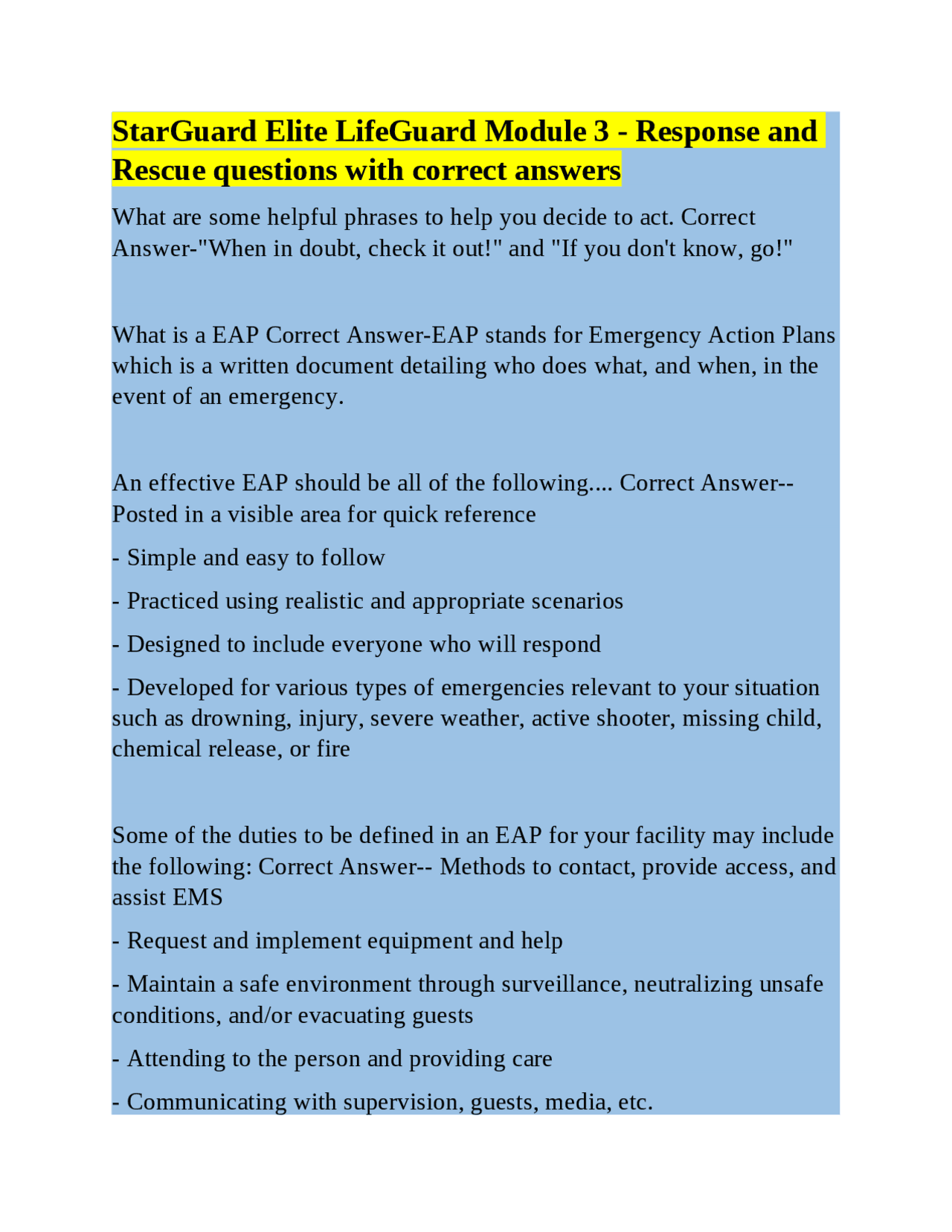 StarGuard Elite LifeGuard Module 3 - Response and Rescue questions with ...